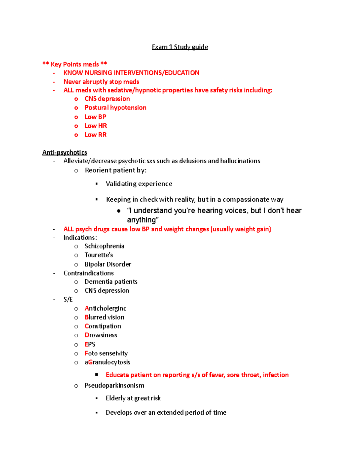 Mental Health - Exam 1 Study Guide - Exam 1 Study guide ** Key Points ...