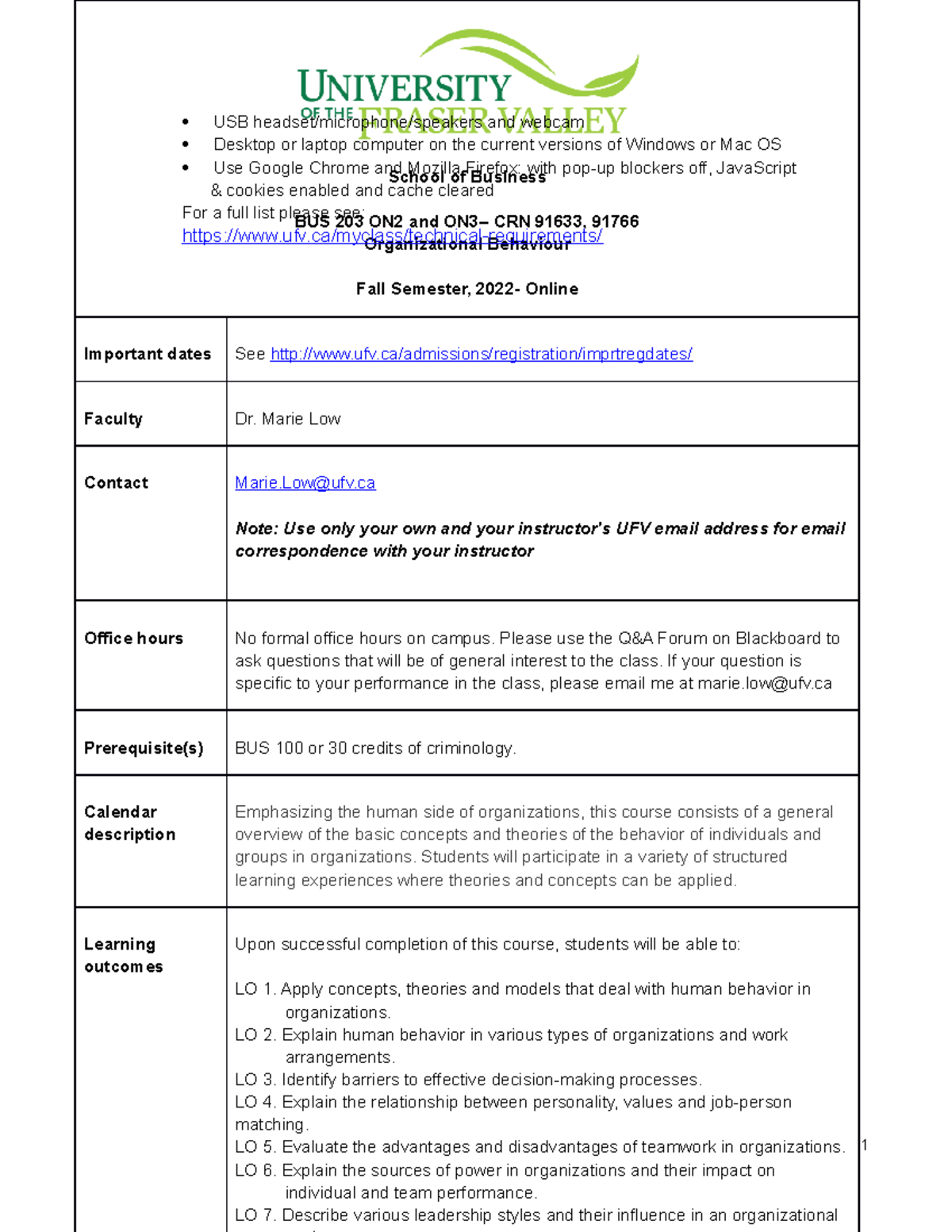 BUS 203 Syllabus Fall 2022 ON2 and ON3 - 1 School of Business BUS 203 ...