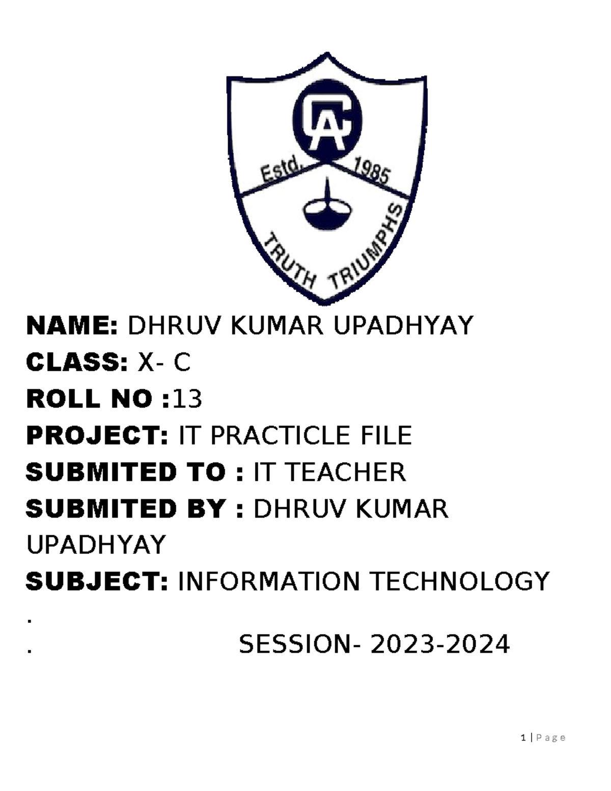 Class 10 IT Code 402 Practical File - NAME: DHRUV KUMAR UPADHYAY CLASS ...