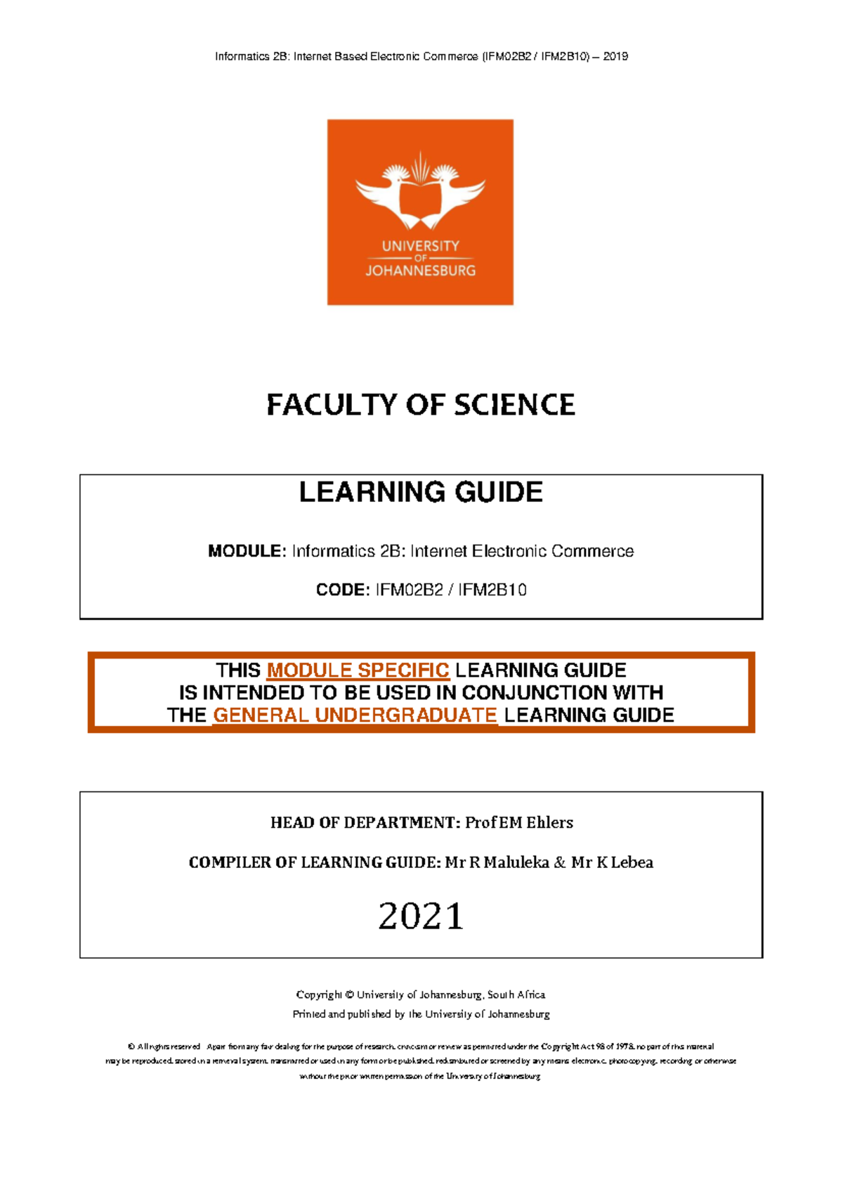 Acsse IFM2B10 2021 LG - FACULTY OF SCIENCE LEARNING GUIDE MODULE: Informatics 2B: Internet - Studocu