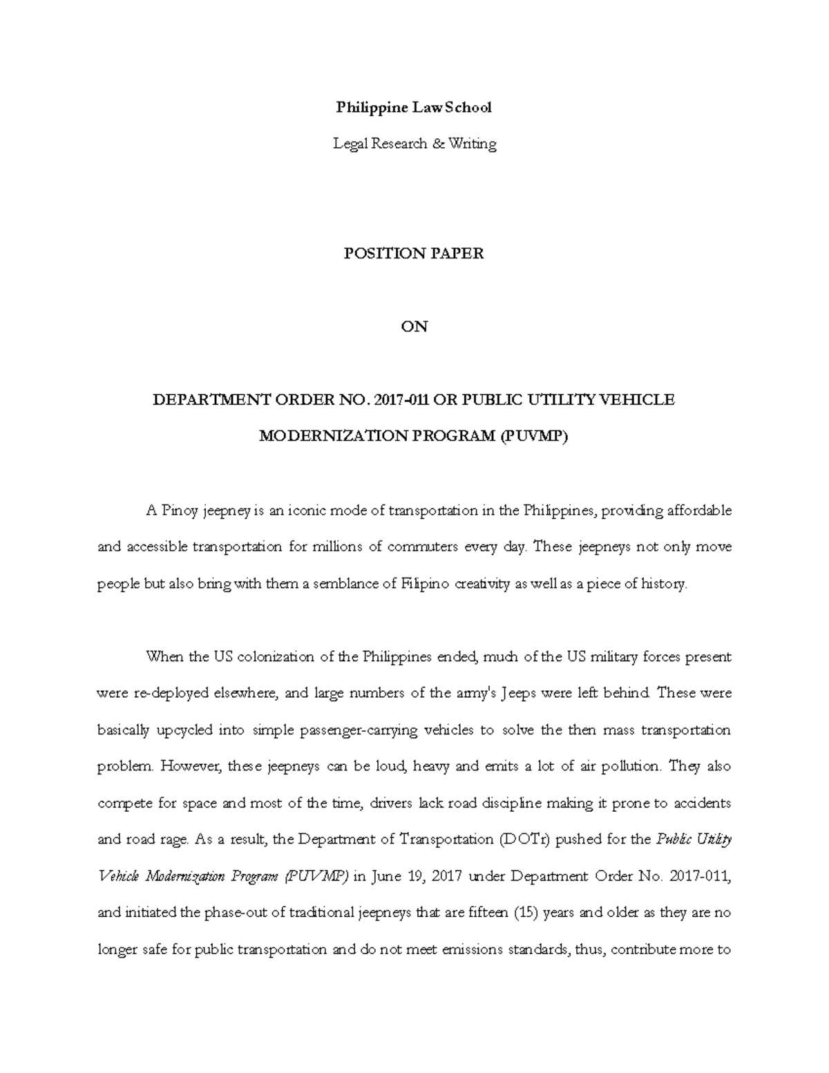 Department Order No. 2017-011 or Public Utility Vehicle Modernization ...