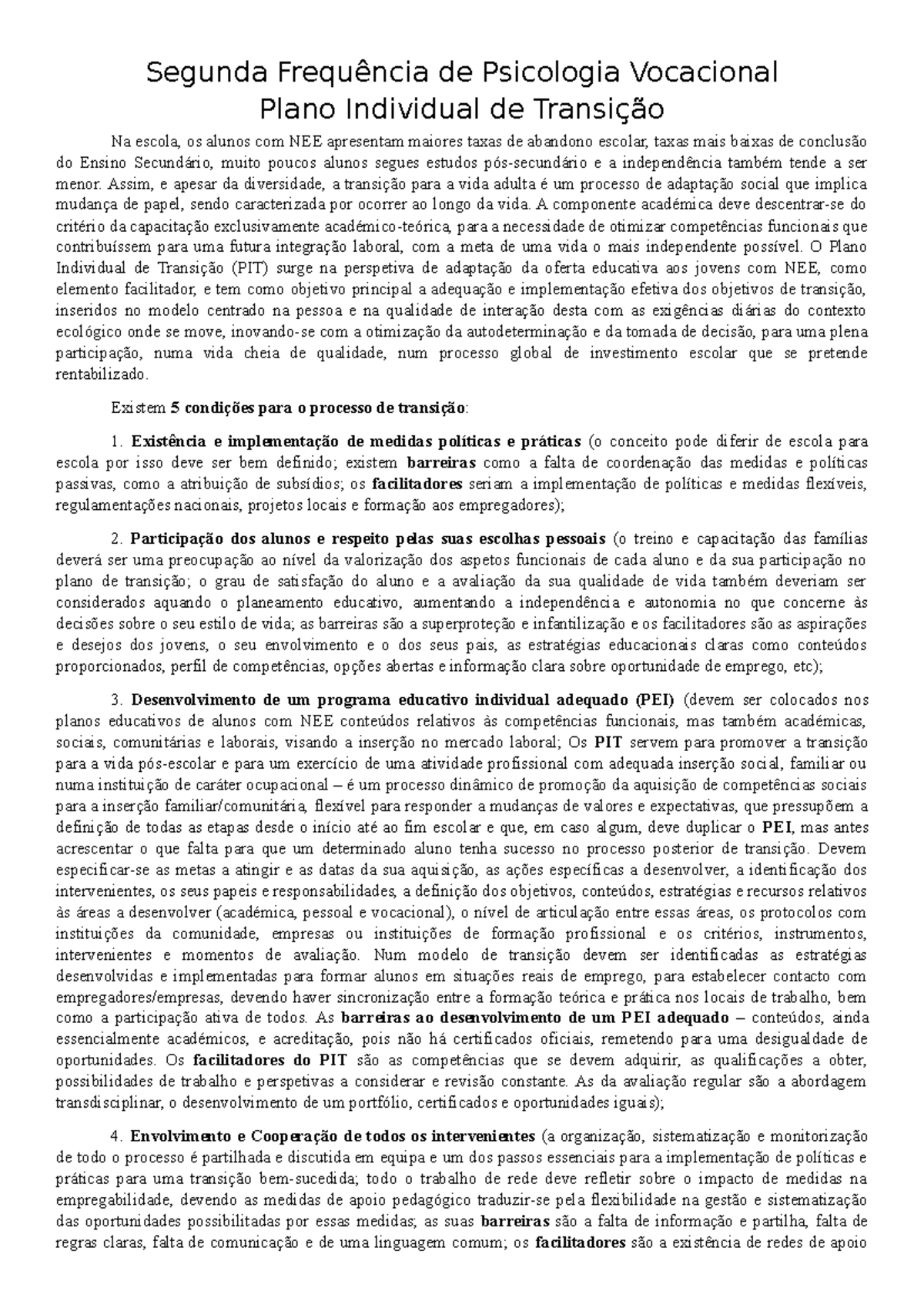 PIT - Resumo referente ao Plano Individual de Transição - Segunda de ...