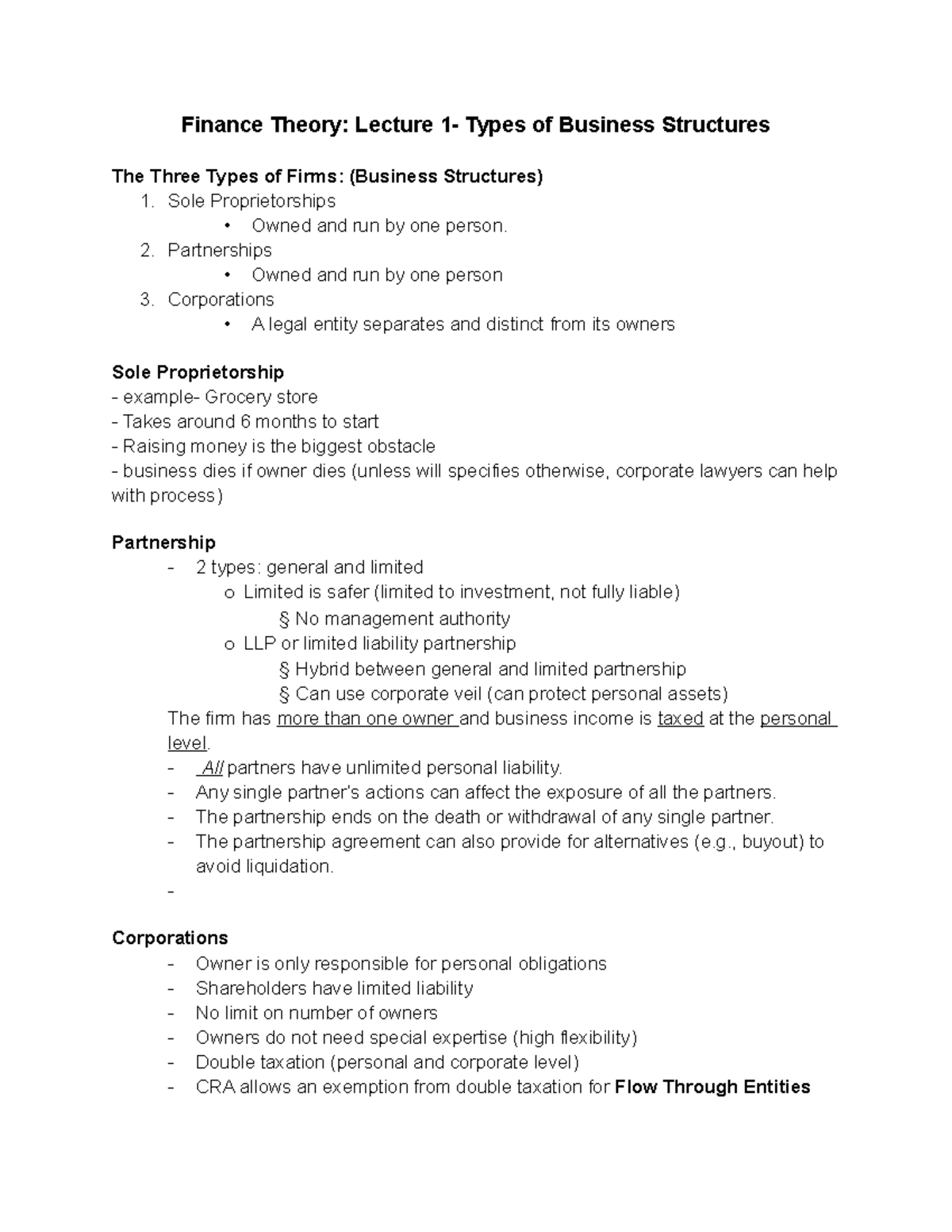 Finance Theory Lecture 1- Types of Business Structures - Sole ...