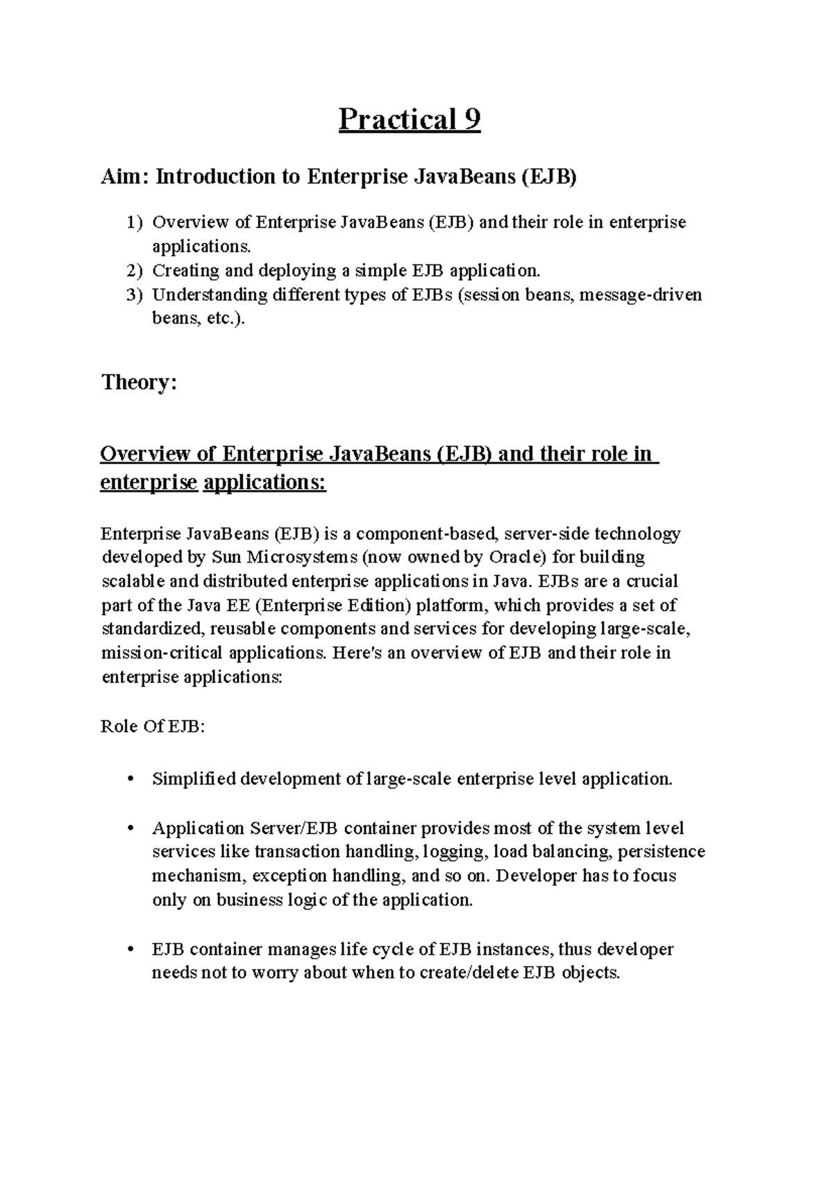 Prac 9 - Practical 9 Aim: Introduction to Enterprise JavaBeans (EJB) Overview of Enterprise ...