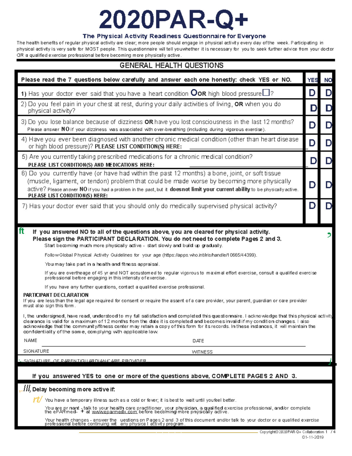 2020 Par Q + - Practicing filling out parq and health questionnaires ...