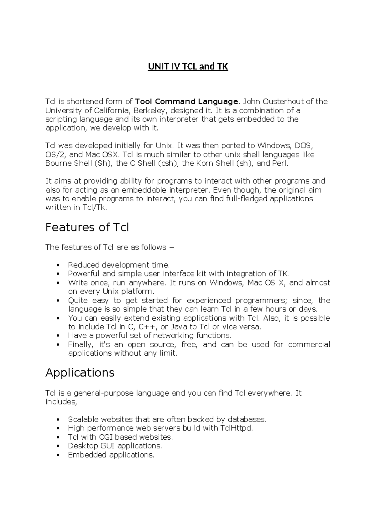 Computer science and engineering scripting language unit 5 - UNIT IV TCL and TK Tcl is shortened ...