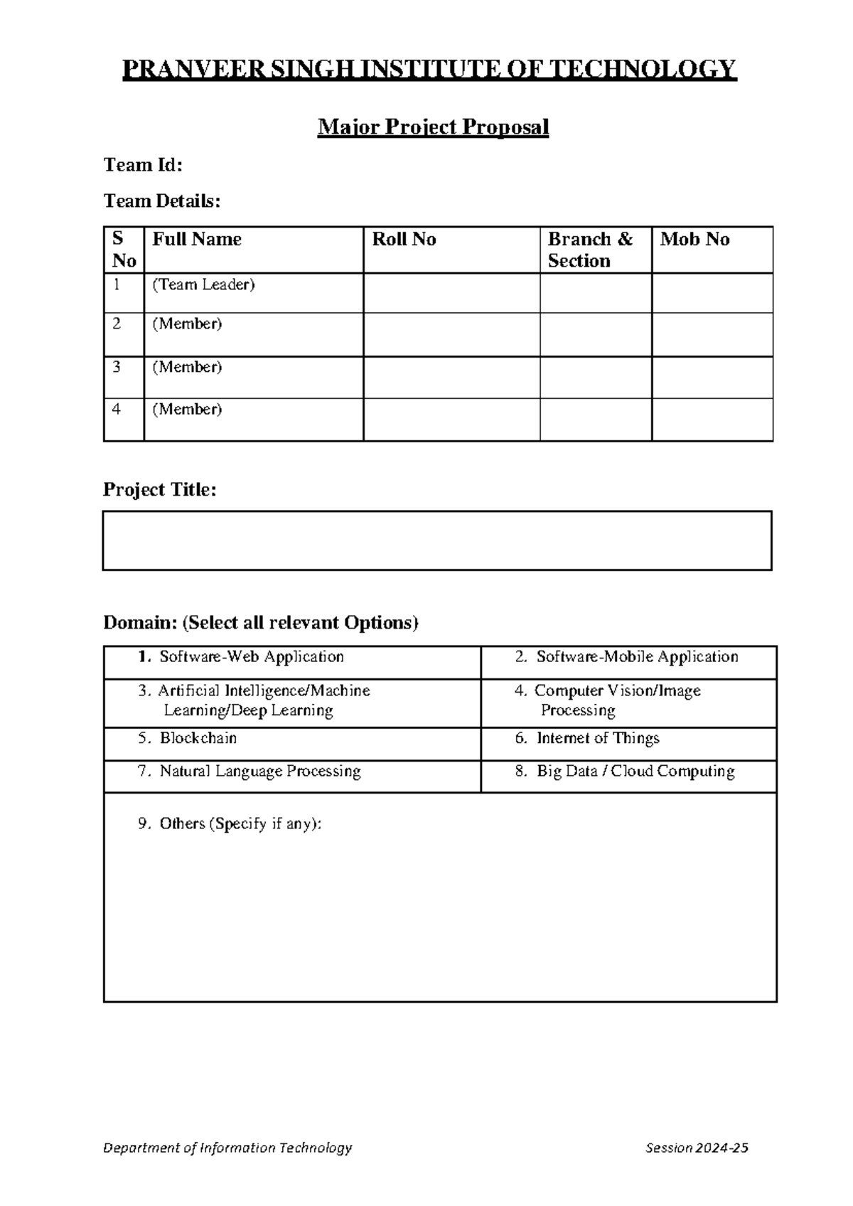 Major Project Proposal 2024-25 - PRANVEER SINGH INSTITUTE OF TECHNOLOGY ...