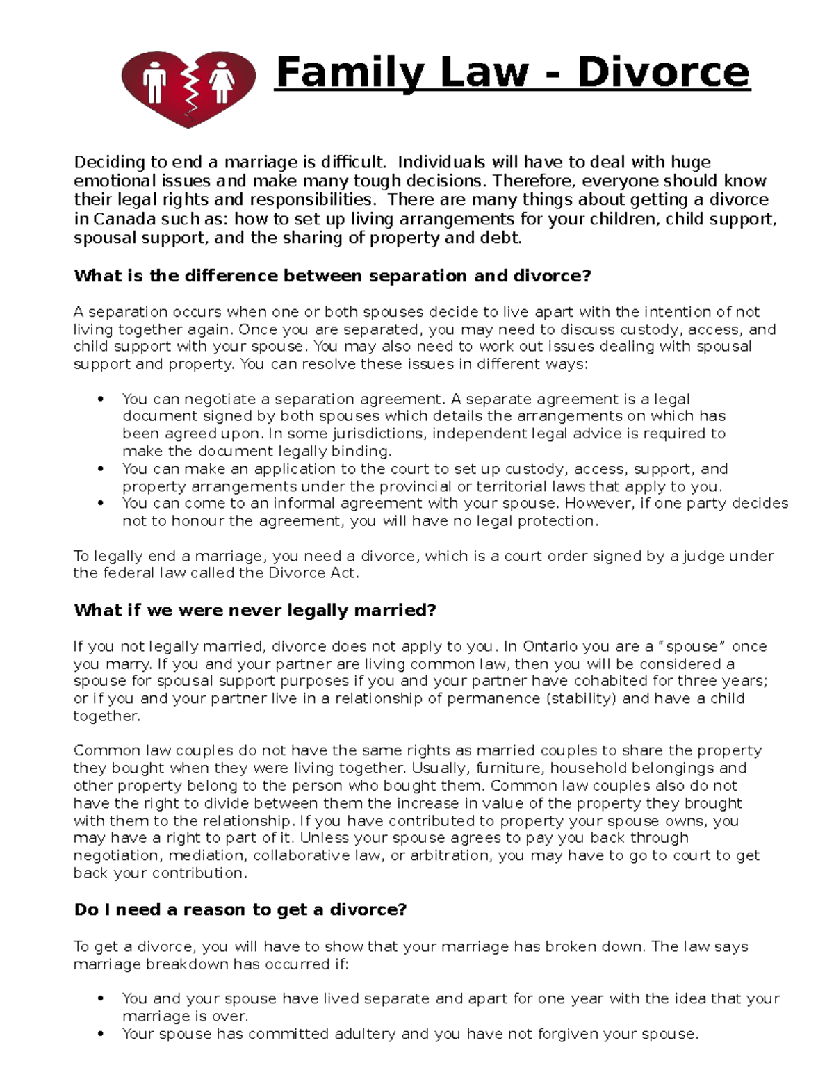 4 - Family Law note - Family Law - Divorce Deciding to end a marriage ...