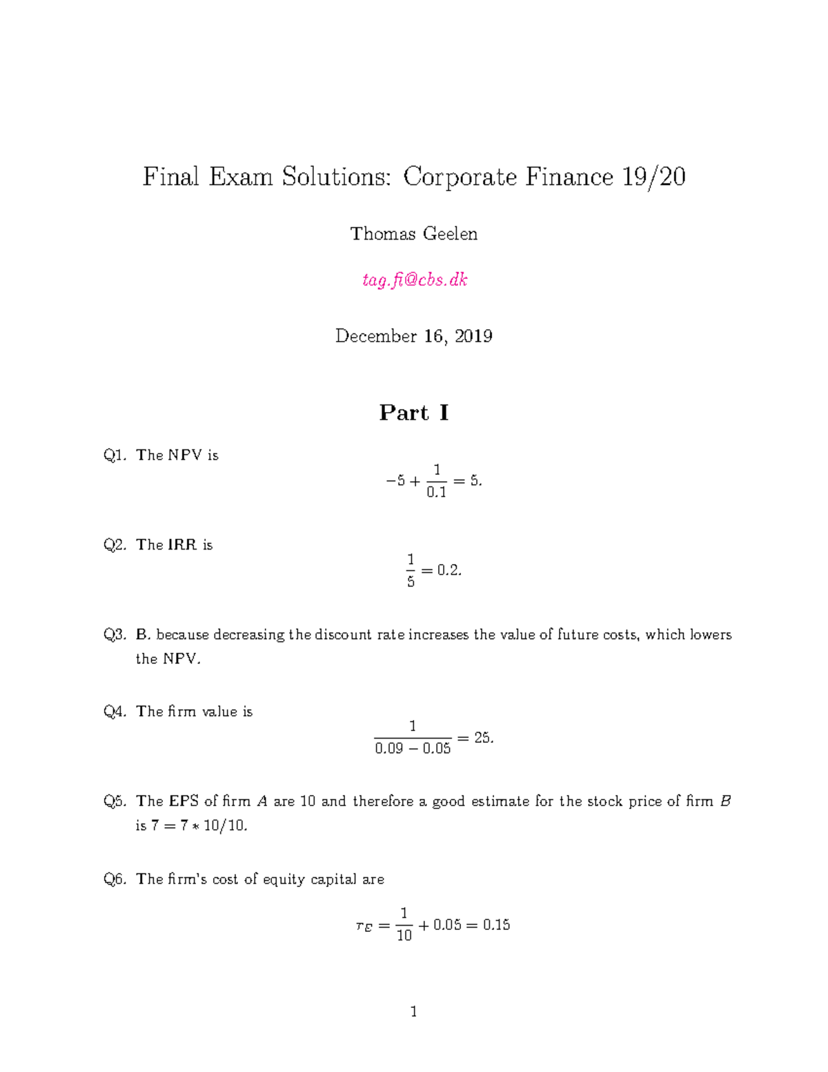 Final exam 19 solutions - Final Exam Solutions: Corporate Finance 19 ...