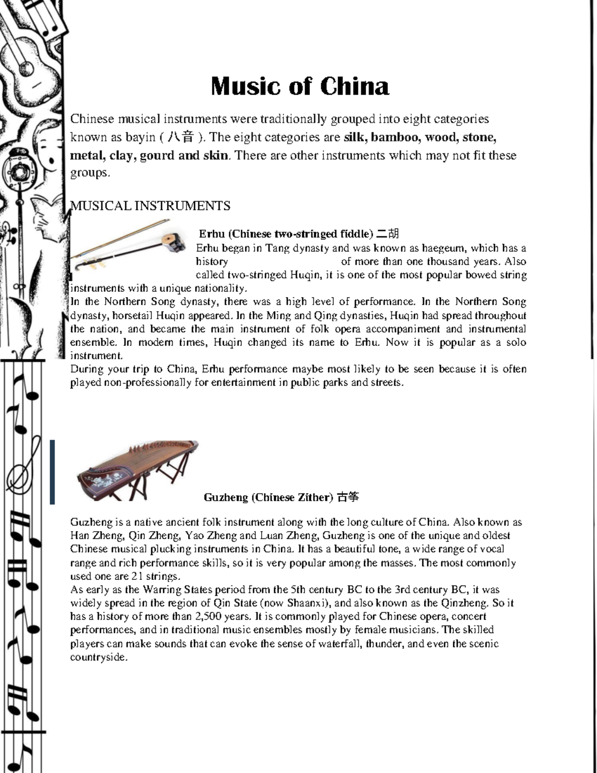 LAS 1 Music of China Handout - Music of China Chinese musical ...