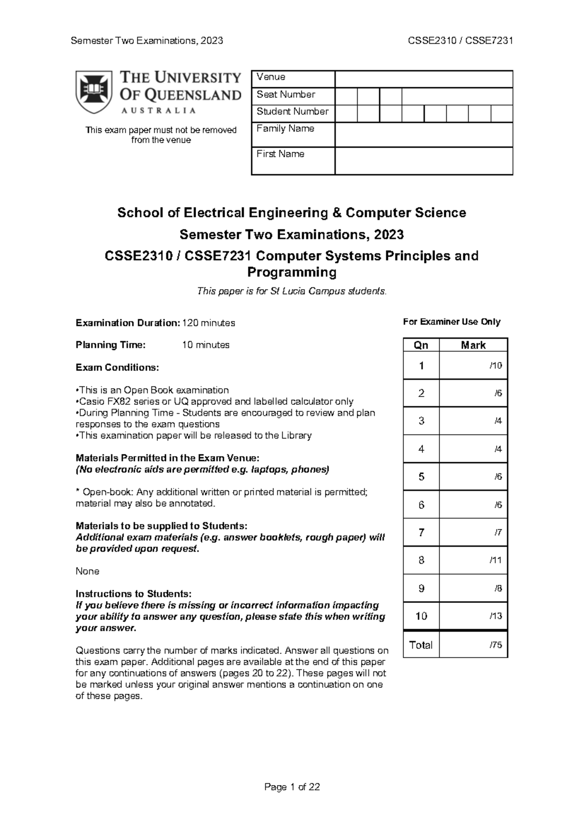 Semester Two Examinations 2023 CSSE2310 - ####### This exam paper must not be removed ...