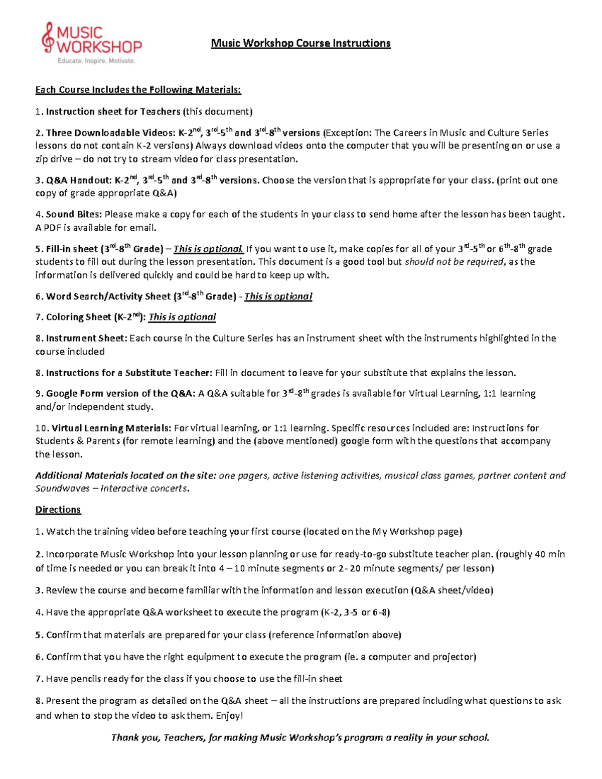 Music Workshop Course Instructions - Q&A Handout: K-2nd, 3rd-5th and ...