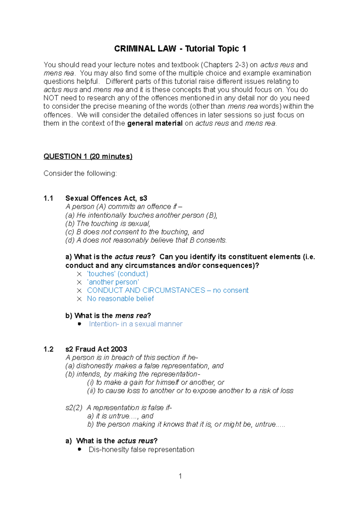 Tutorial 1 - CRIMINAL LAW - Tutorial Topic 1 You should read your ...