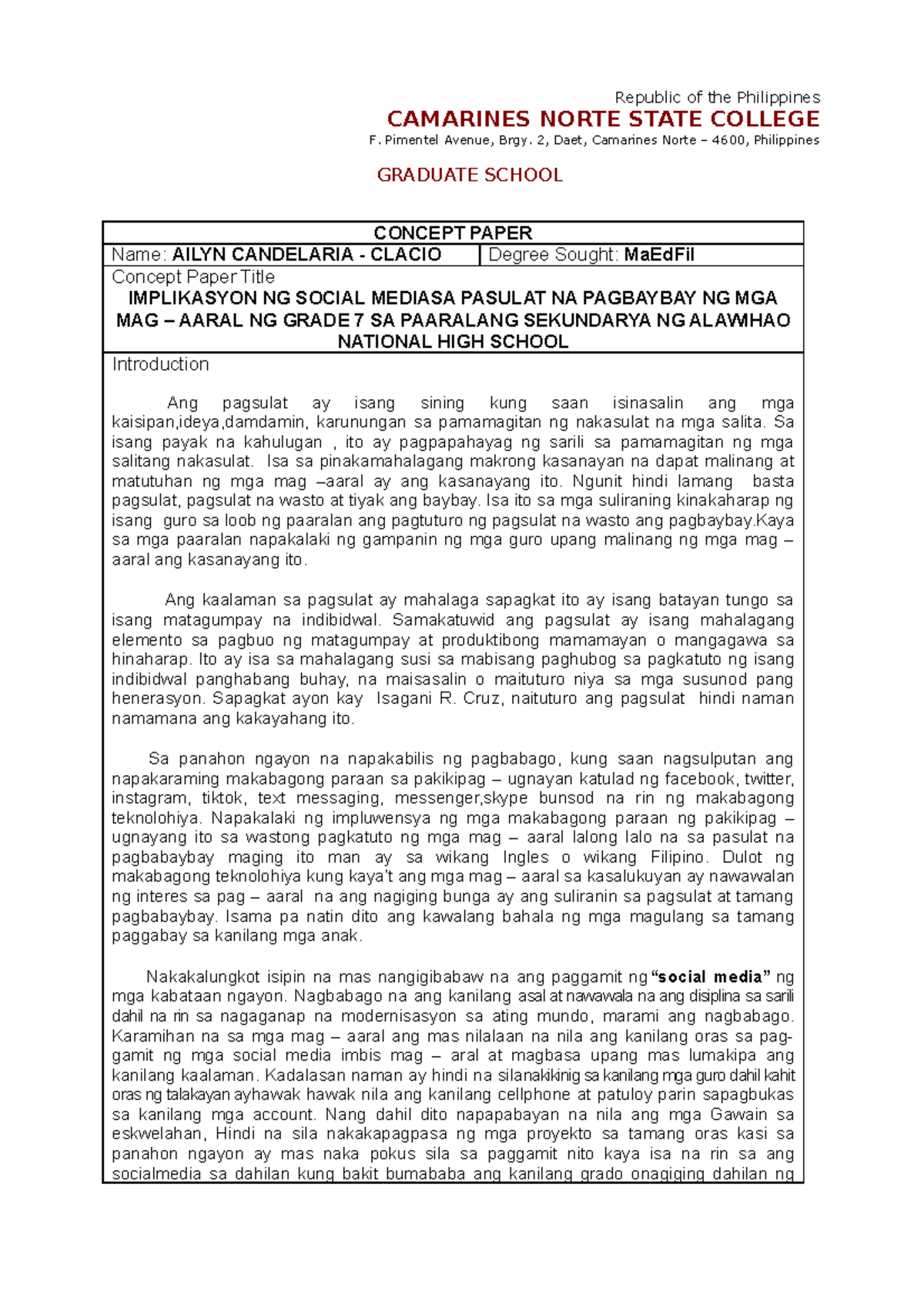 Concept- Paper - Proposed Title of Research - CONCEPT PAPER Name: AILYN ...