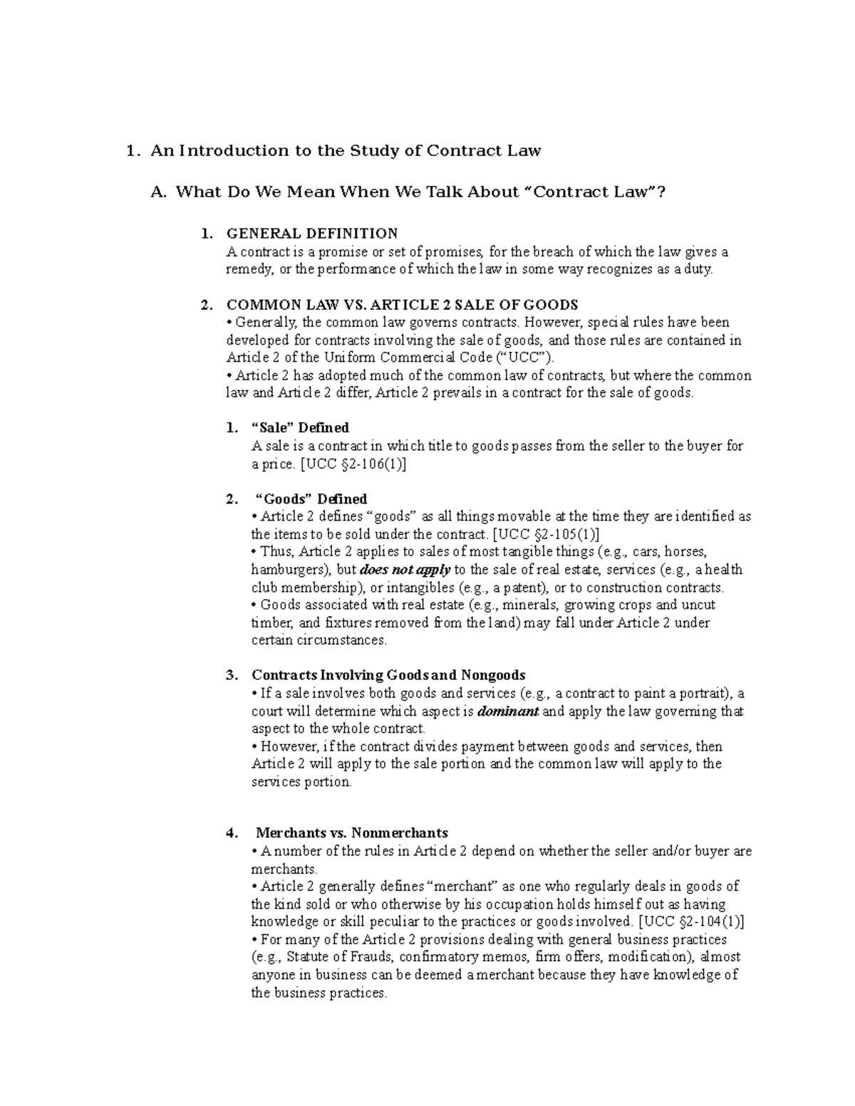 Contract Outline - An Introduction to the Study of Contract Law A. What ...