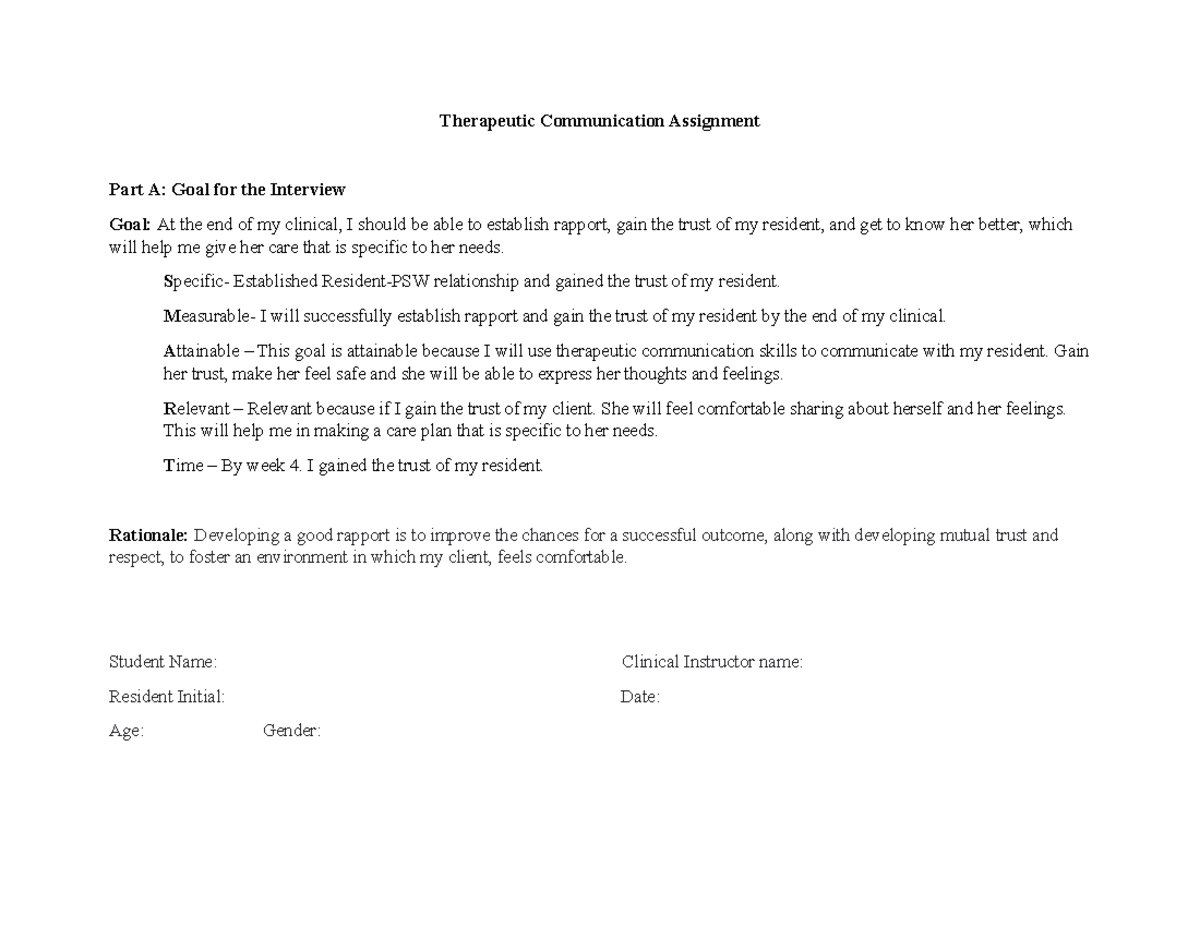 Therapeutic Communication Assignment- PSW - Therapeutic Communication ...