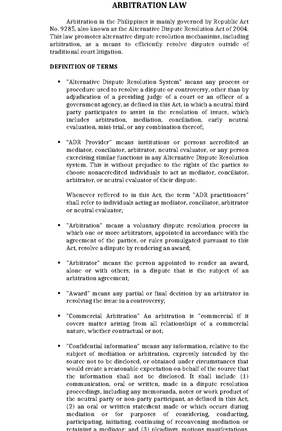 Arbitration Law Reviewer - 1 ARBITRATION LAW Arbitration in the Philippines is mainly governed ...