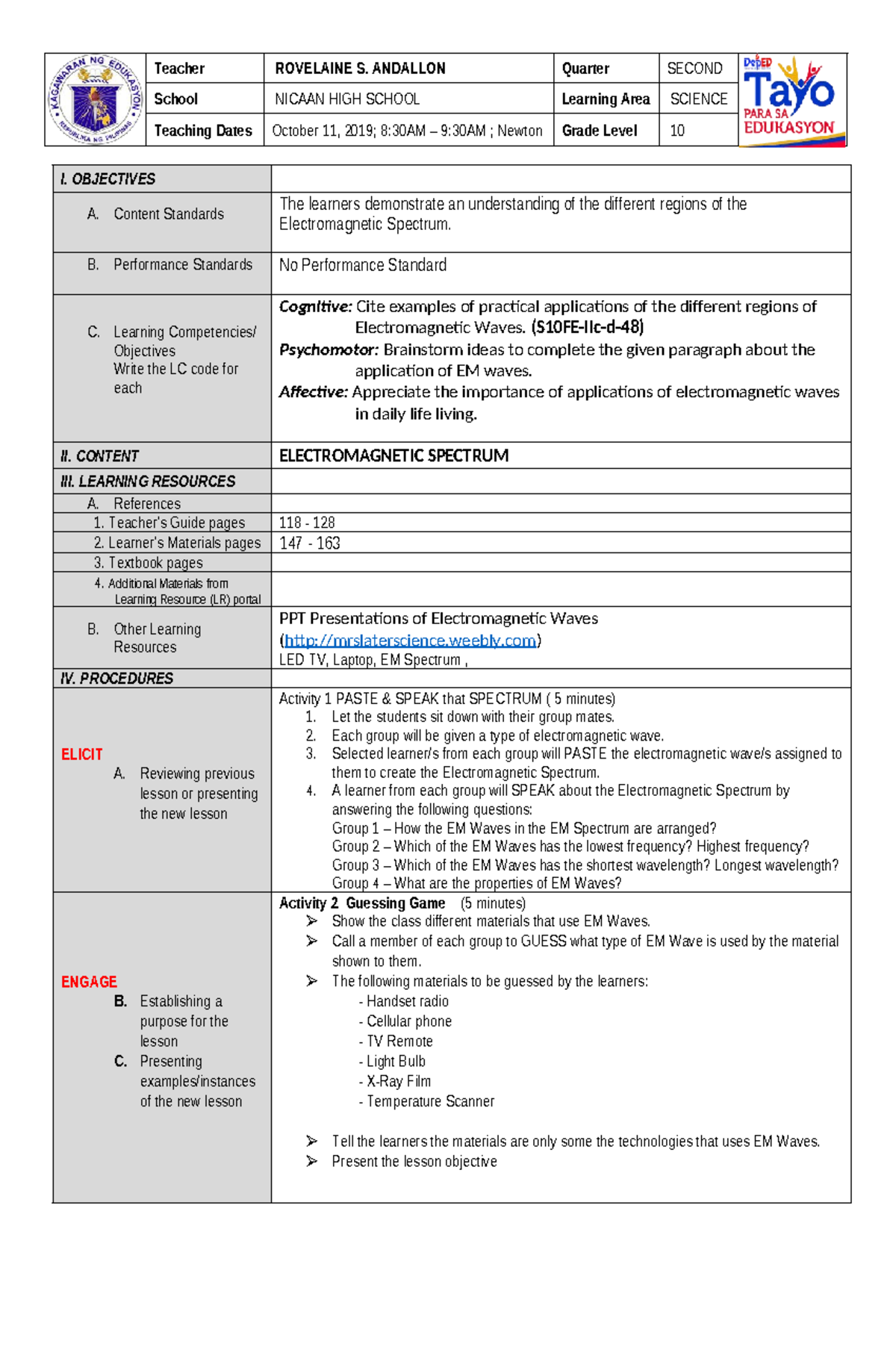 DLP COT 2ND Q - Lesson Plan - Teacher ROVELAINE S. ANDALLON Quarter ...