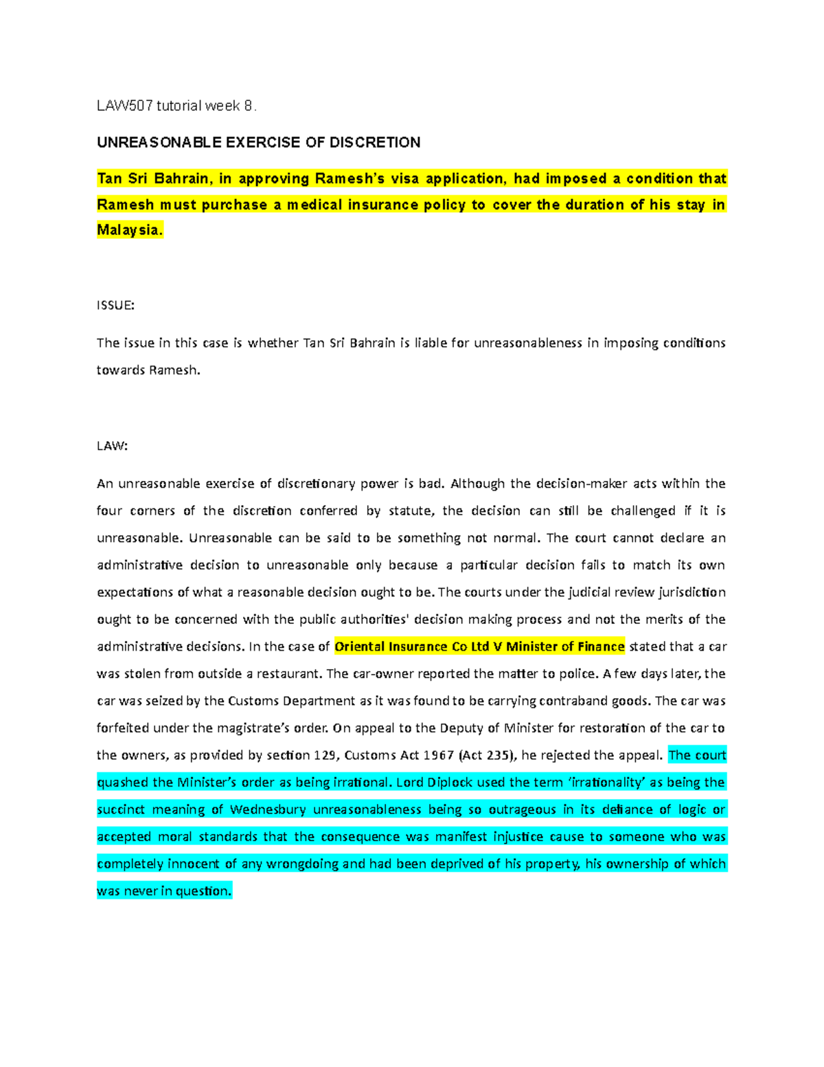 LAW507- tutorial week 8 - UNREASONABLE EXERCISE OF DISCRETION Tan Sri ...