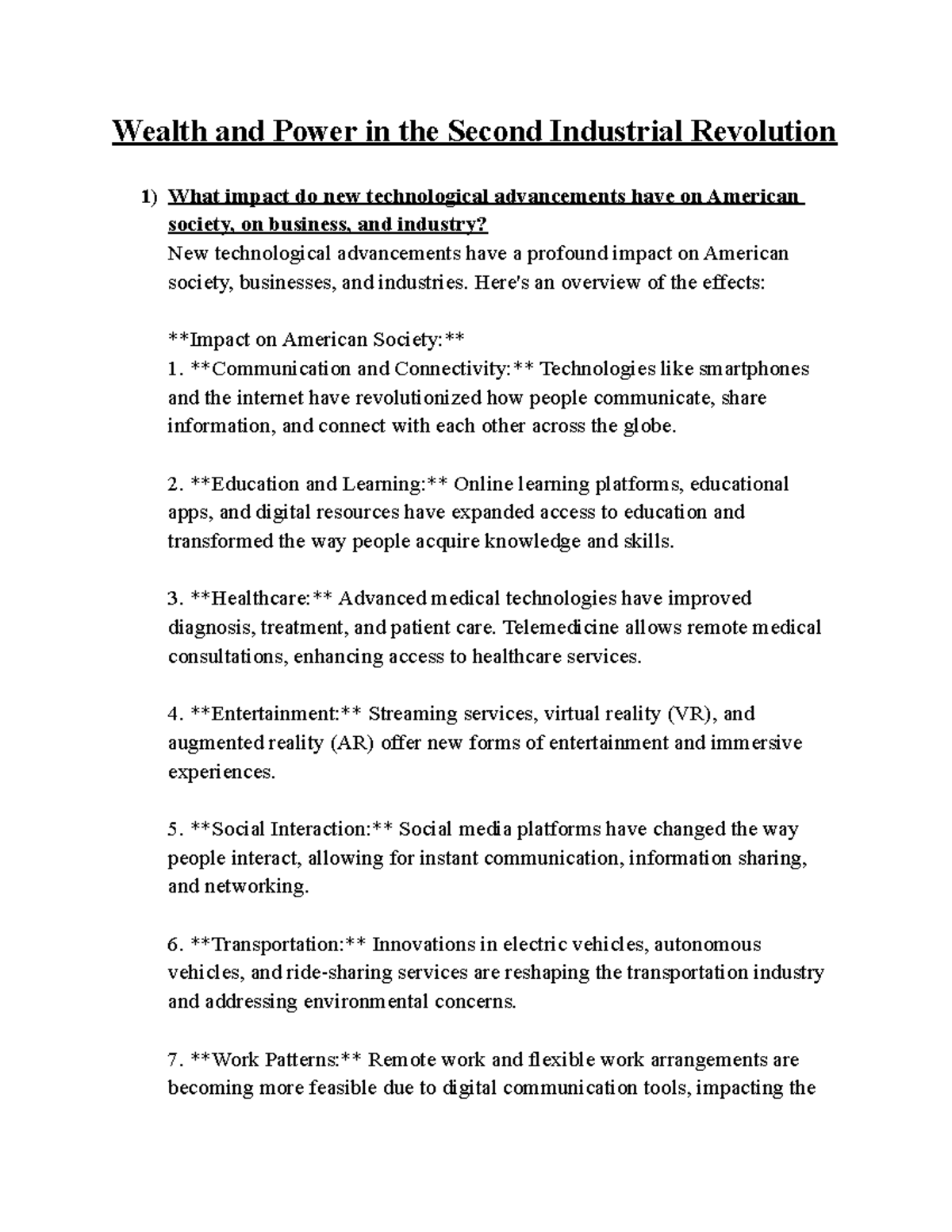 Wealth and Power in the Second Industrial Revolution - HIST 1302 - Studocu