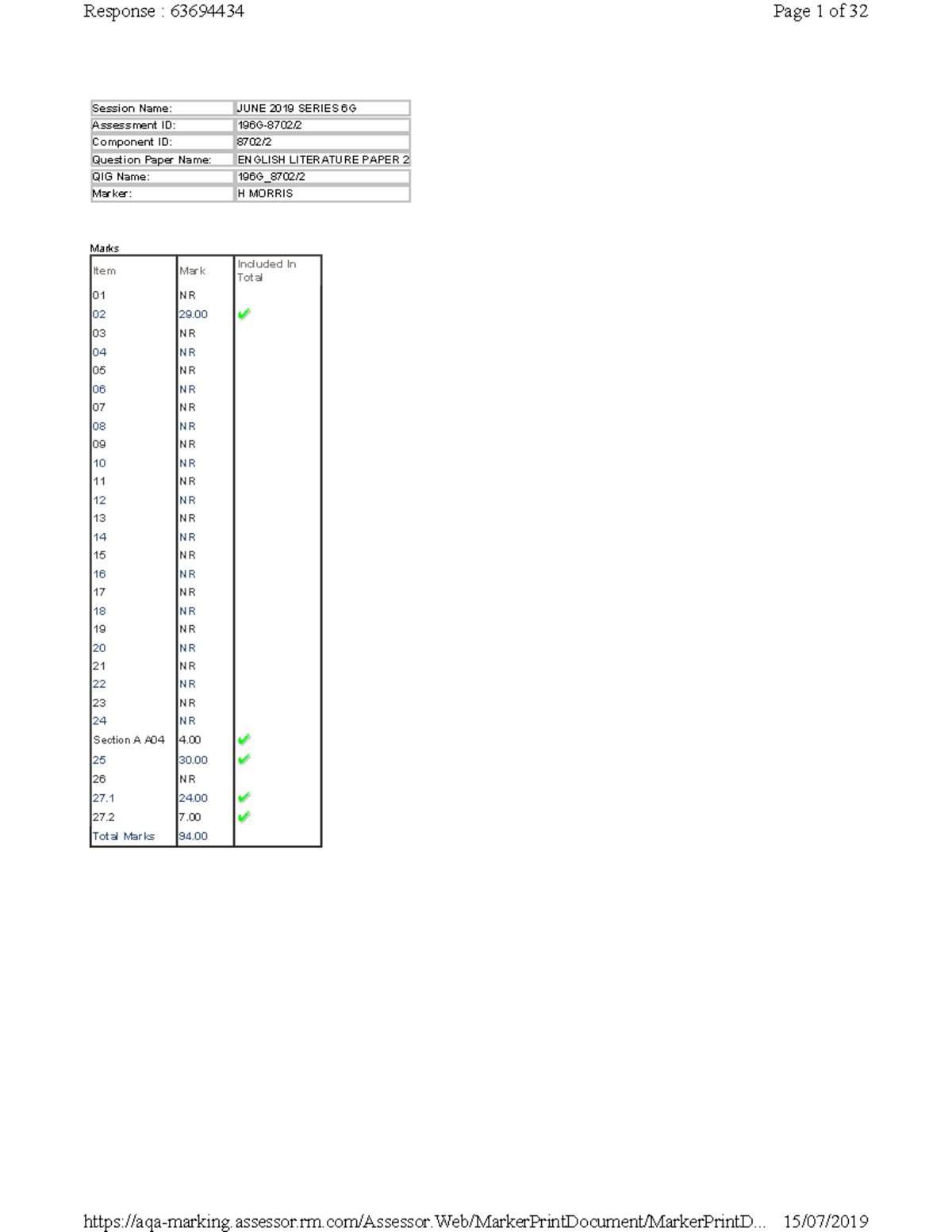 94 Marks - AIC - Grade 9 - Session Name: JUNE 2019 SERIES 6G Assessment ...