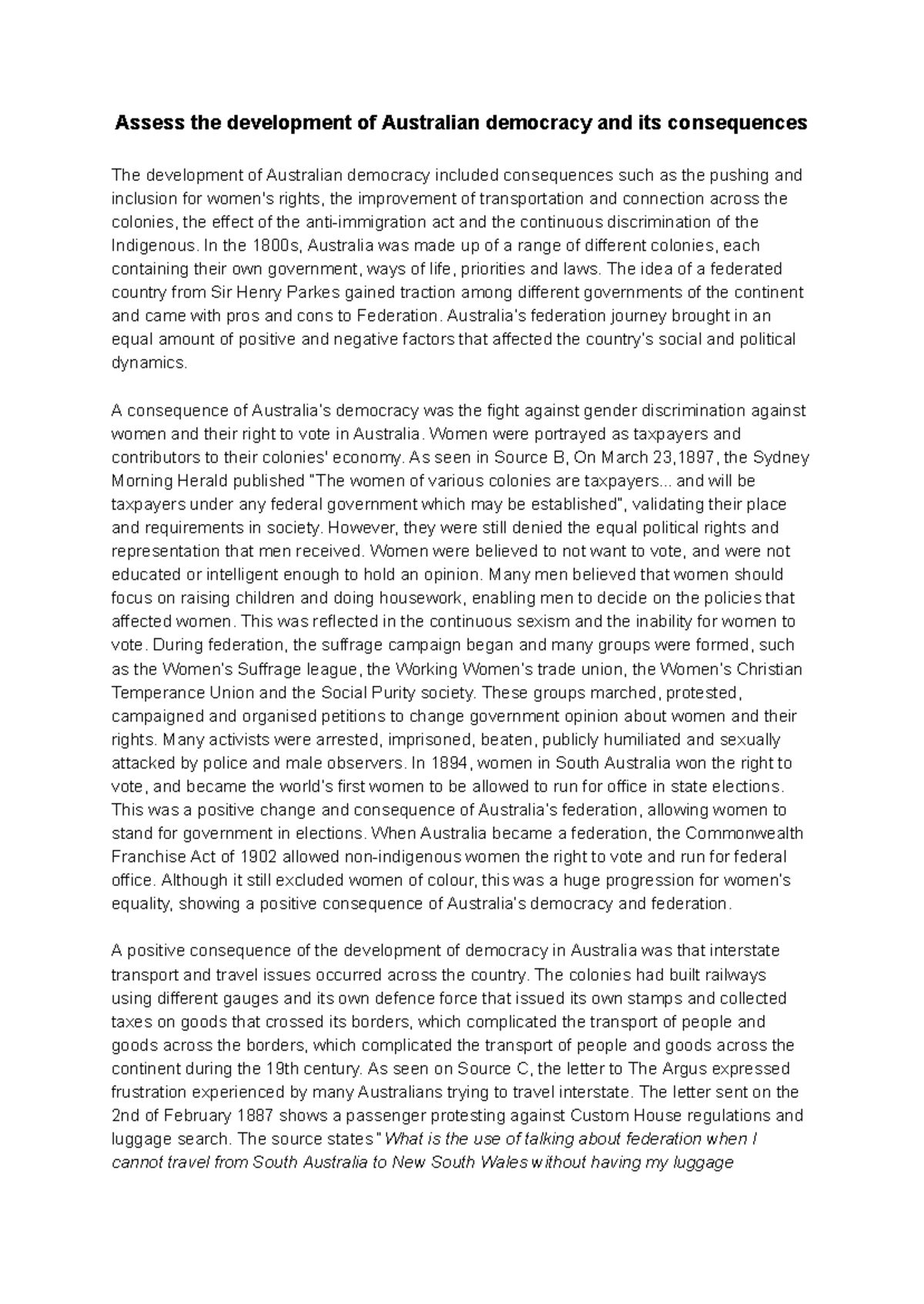 Assess the development of Australian democracy and its consequences ...