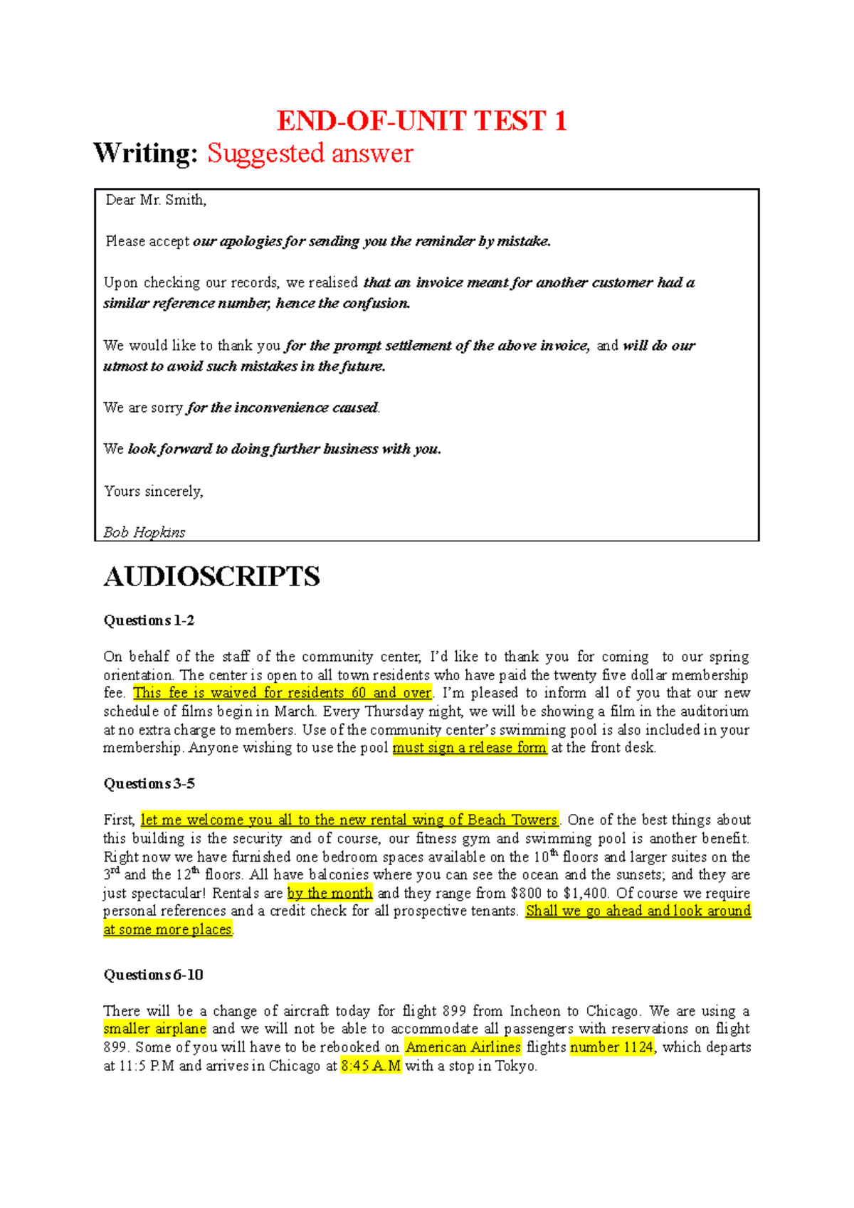 EOU TEST 1 - Writing - Scripts - END-OF-UNIT TEST 1 Writing: Suggested ...