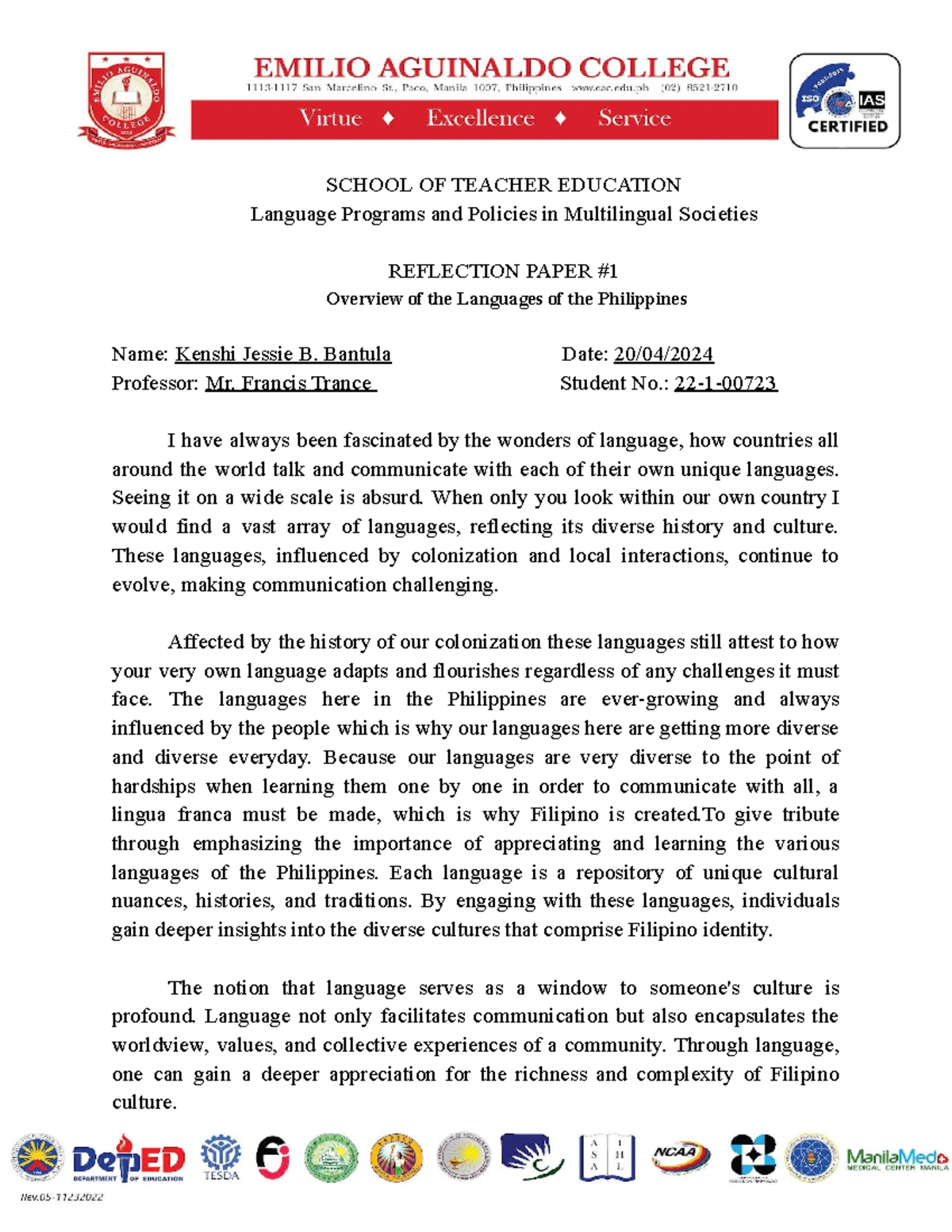 Reflection first Report - SCHOOL OF TEACHER EDUCATION Language Programs ...