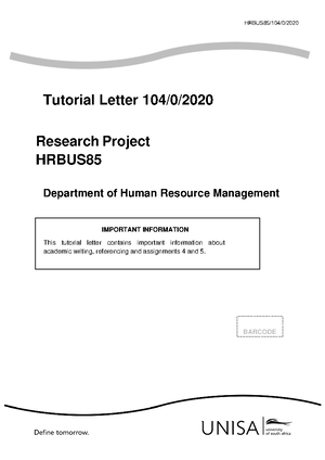 Tutorial letter 4 - UNISA - HRBUS85 - Unisa - Studocu