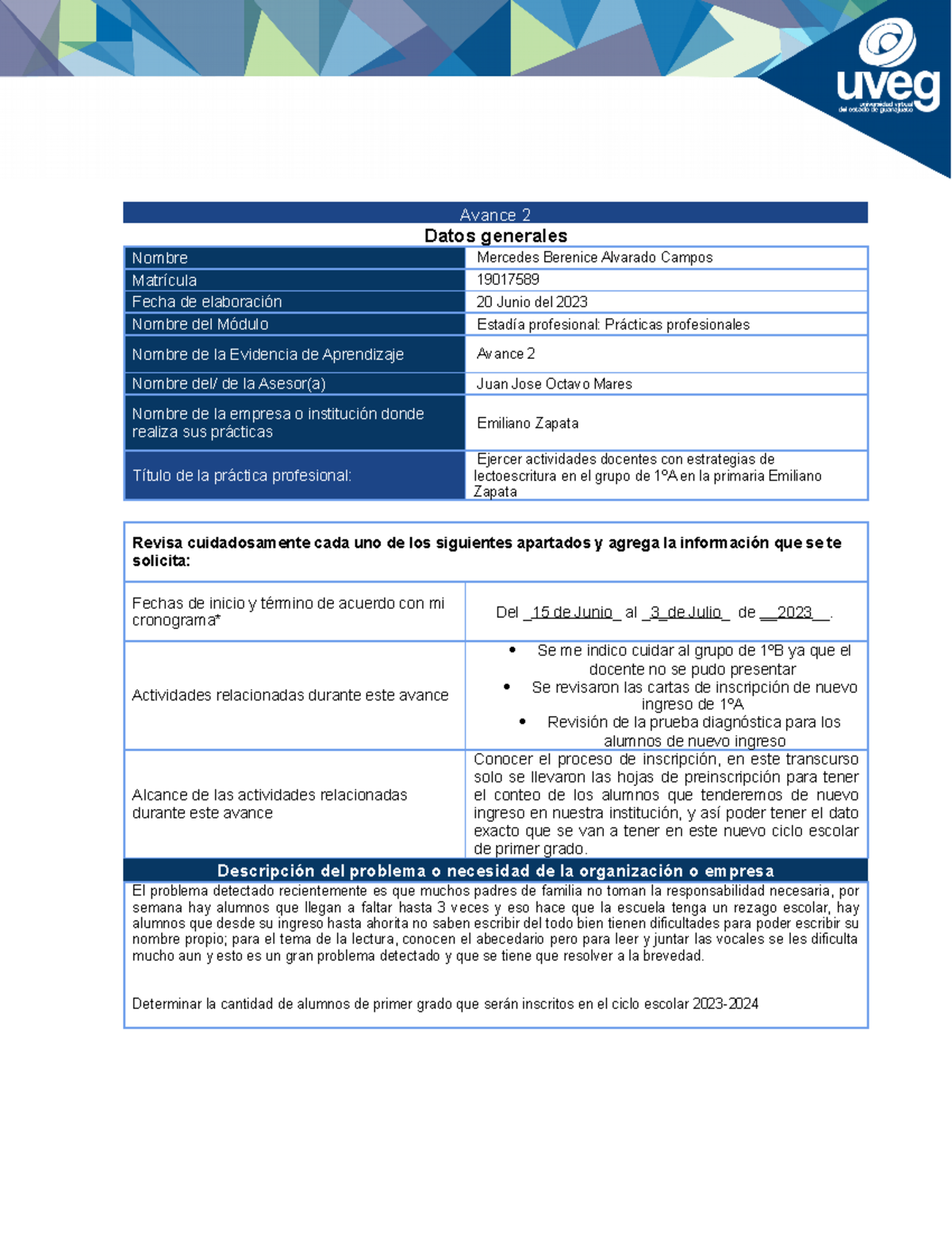 Formato Avance 2 - estadia - Avance 2 Datos generales Nombre Mercedes Berenice Alvarado Campos ...