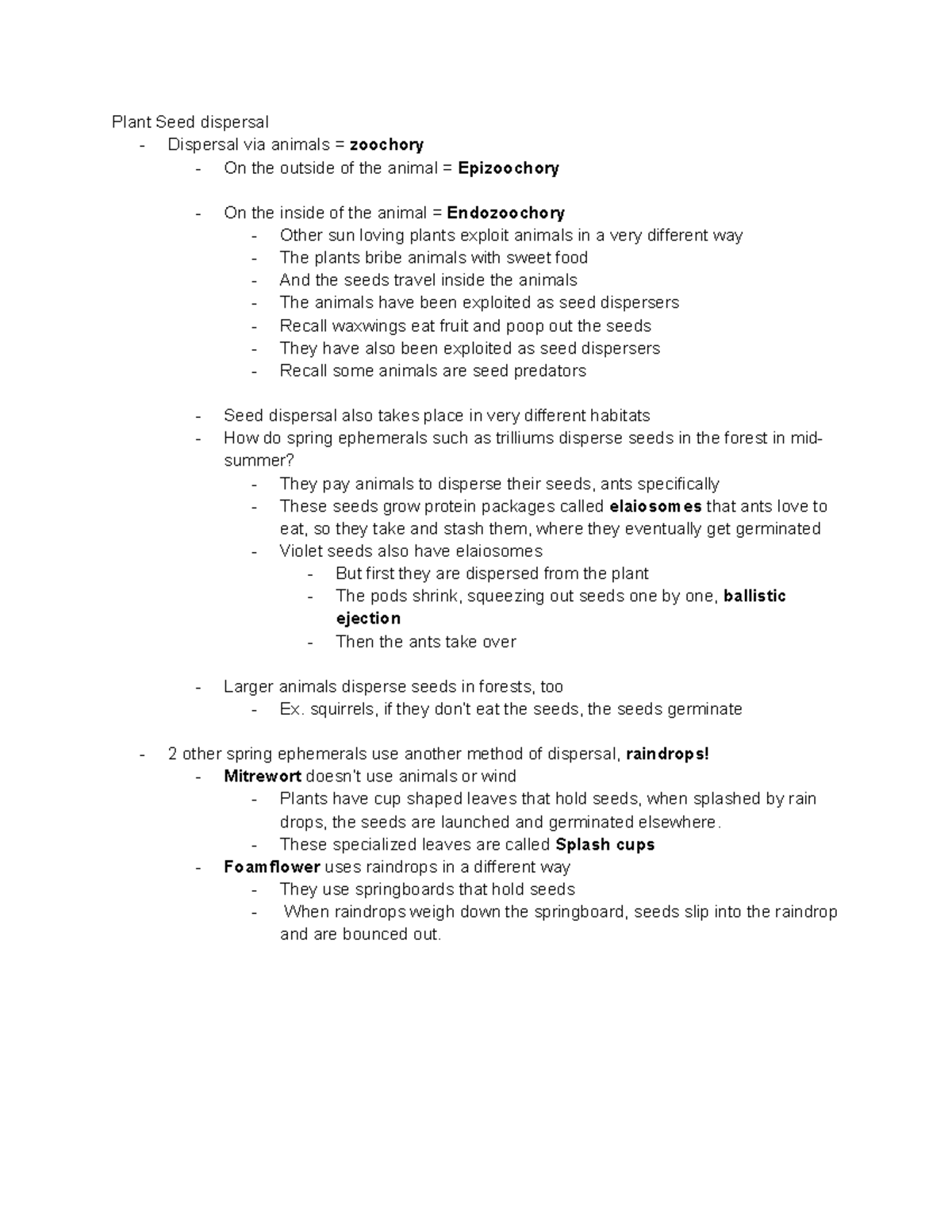 BIOL 1902 - Lecture 20 Notes - Plant Seed dispersal - Dispersal via ...