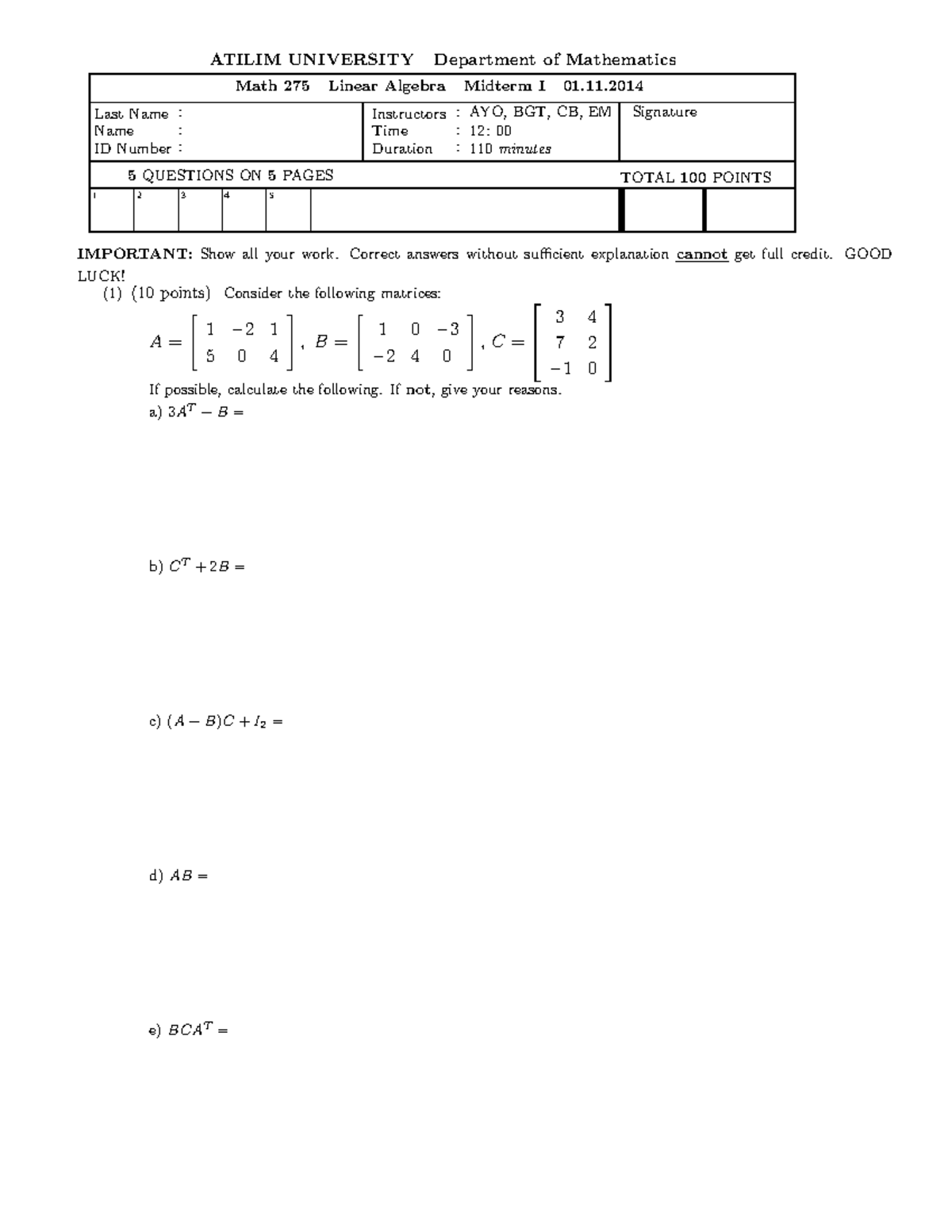 Exam Fall 2015, questions - ATILIM UNIVERSITY Math 275 Department of ...