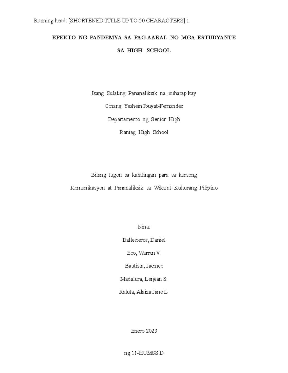 Epekto NG Pandemya SA PAG - Running head: [SHORTENED TITLE UP TO 50 ...