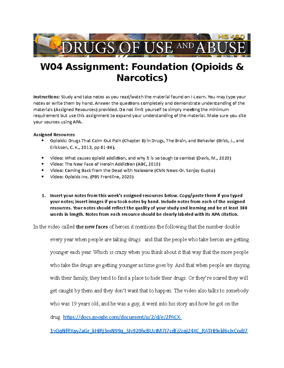 Opioids-Narcotics FA (2022) - W04 Assignment: Foundation (Opioids & Narcotics) Instructions ...