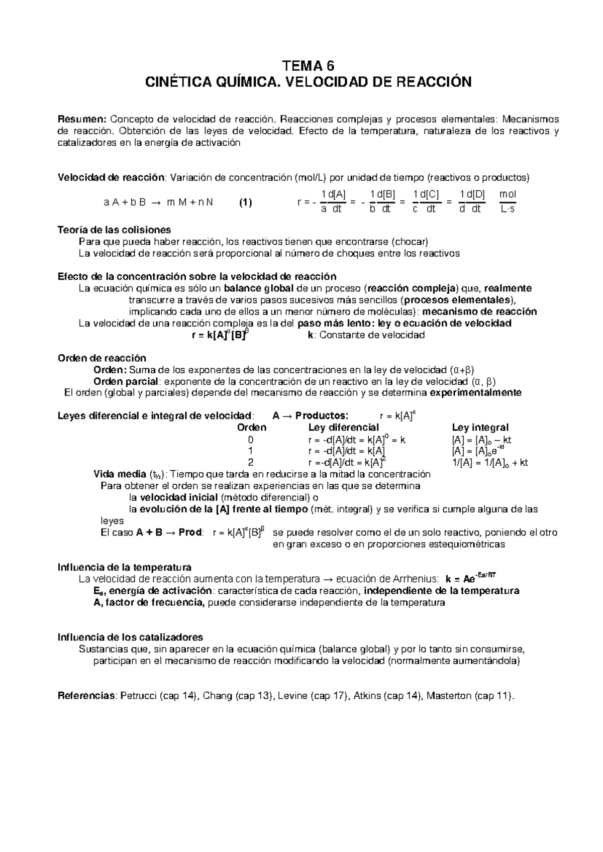 Tema 7. Cinética química-Texto - TEMA 6 CINÉTICA QUÍMICA. VELOCIDAD DE REACCIÓN Resumen ...