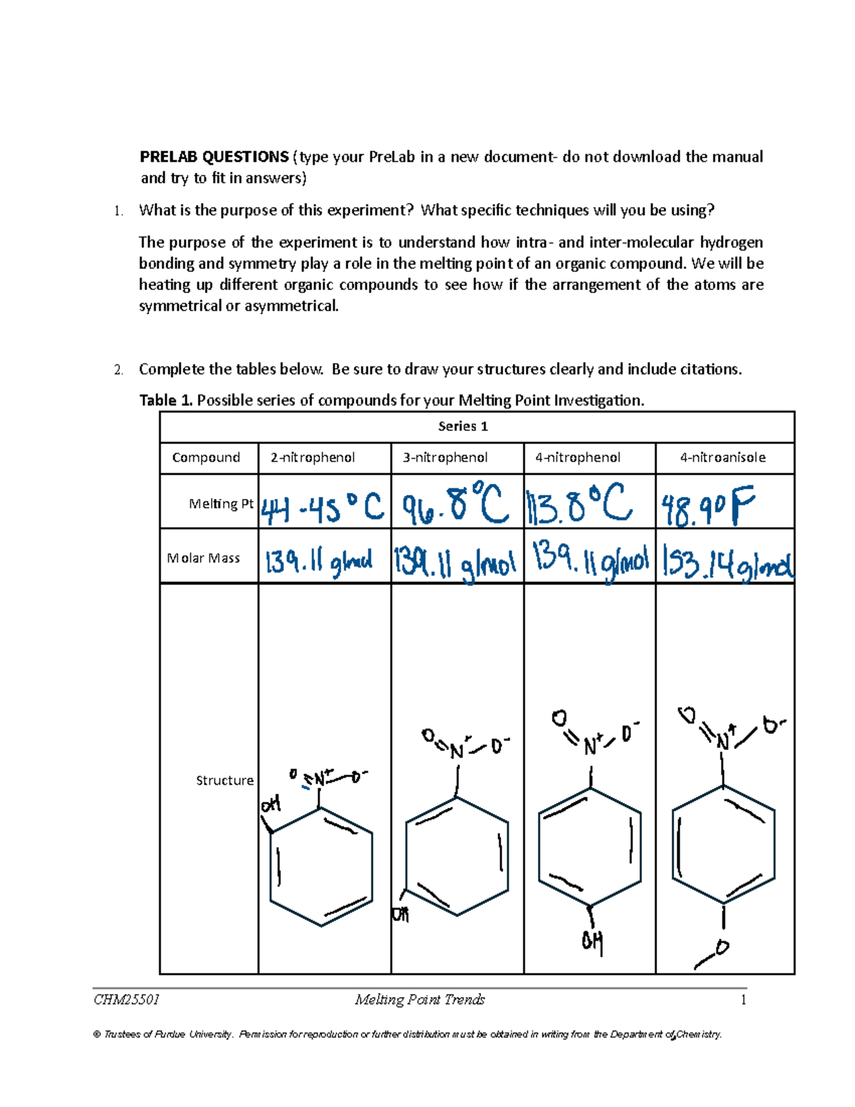 Pre-lab 2 - week 2 pre-lab - CHM25501 Melting Point Trends 1 PRELAB QUESTIONS (type your PreLab ...