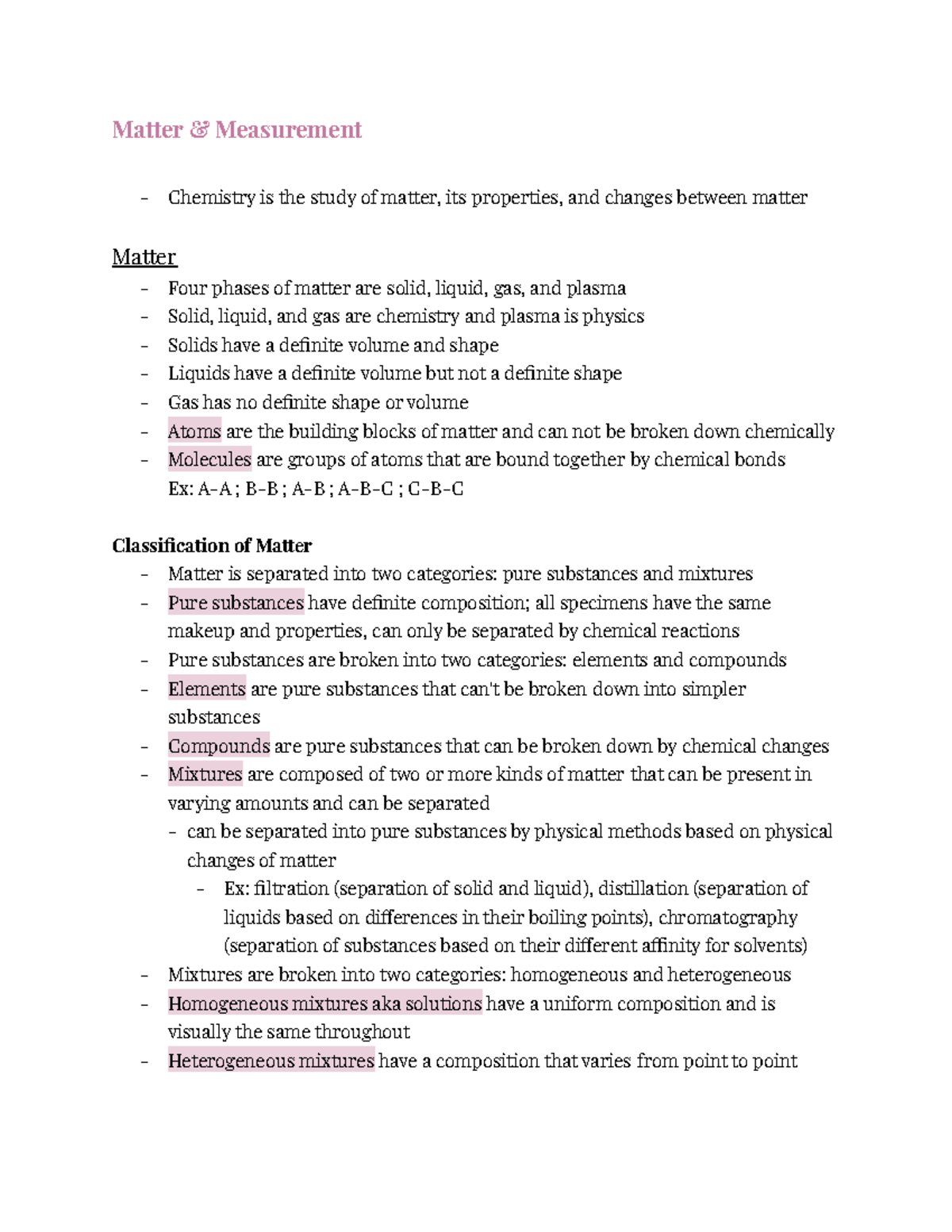 Chem notes - Matter & Measurement Chemistry is the study of matter, its ...