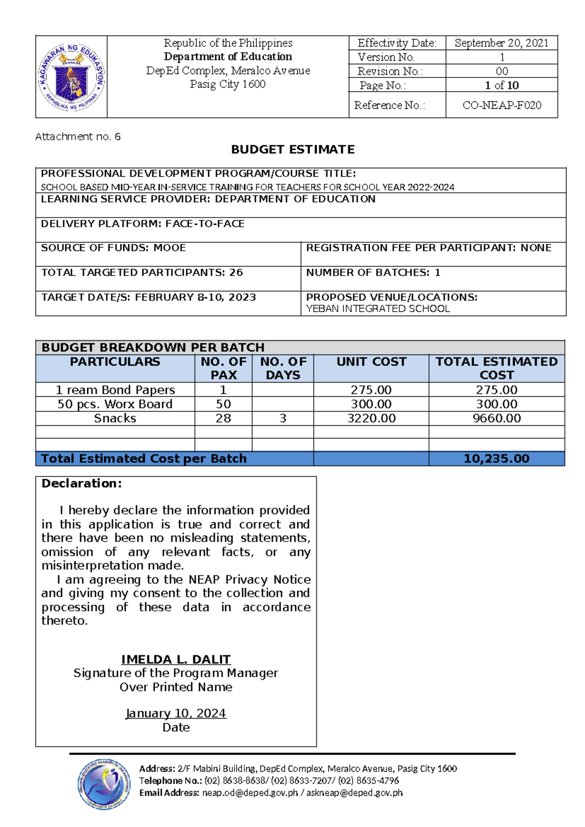 Budget proposal inset - Address: 2/F Mabini Building, DepEd Complex ...