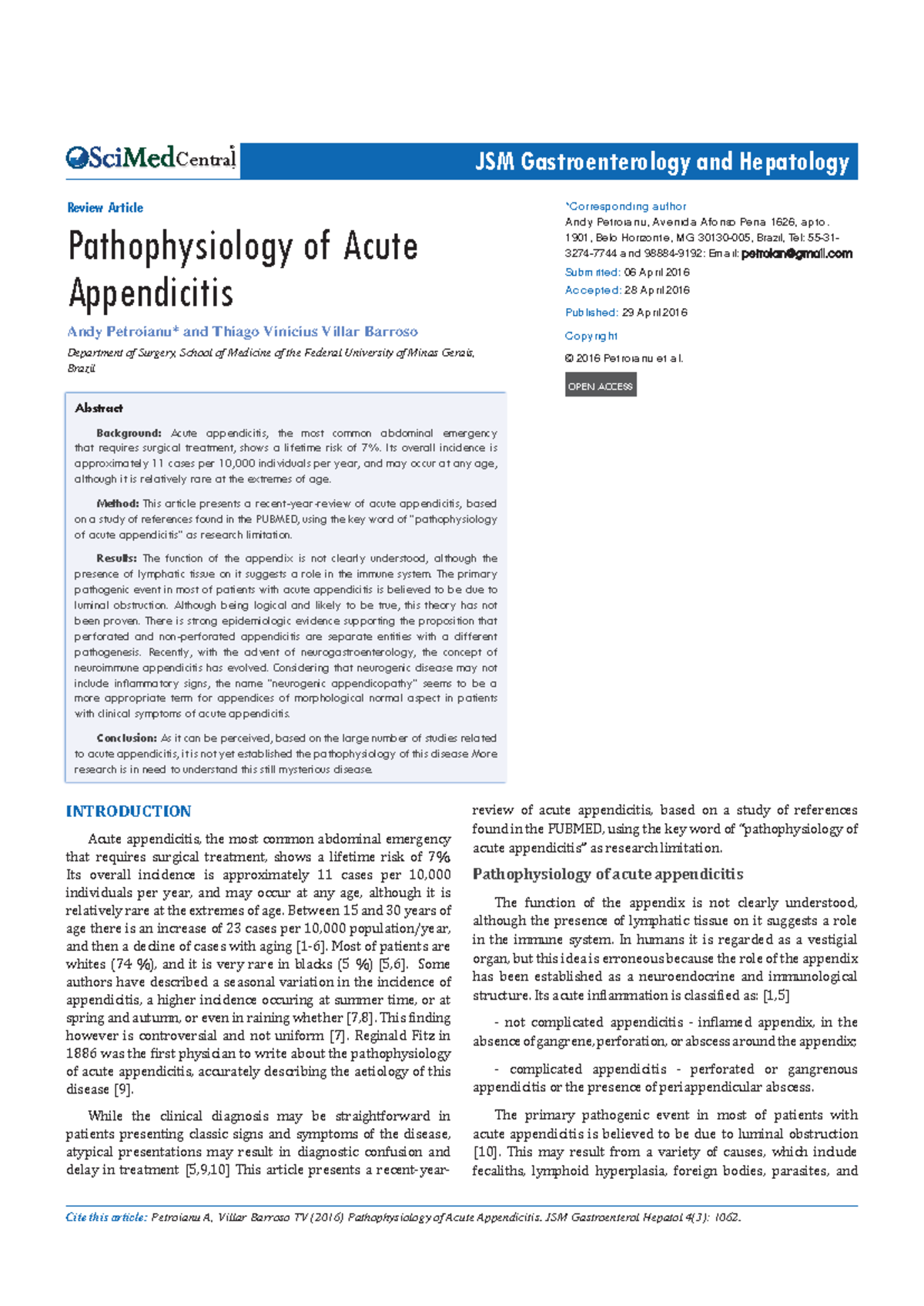 Artigo Pathophysiology Acute Appendicitis - Central Bringing Excellence in Open Access JSM - Studocu