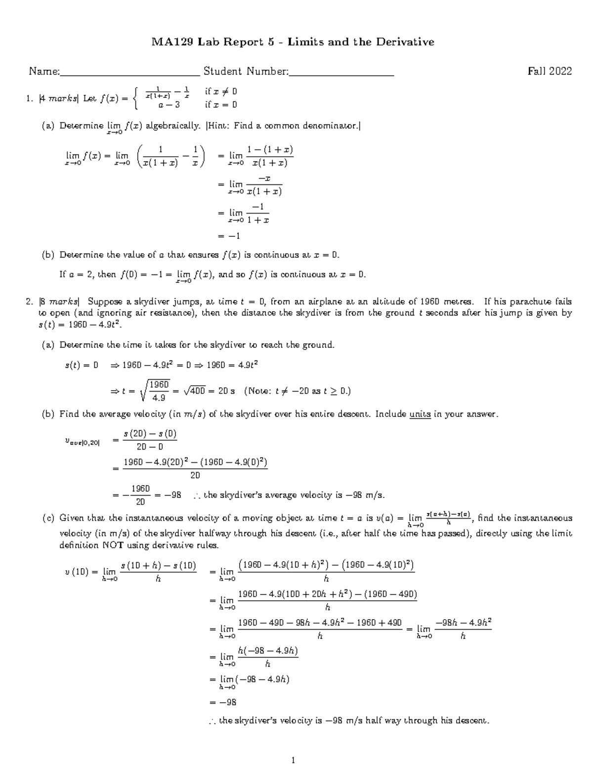 129Lab5 soln - lab answers - MA129 Lab Report 5 - Limits and the ...