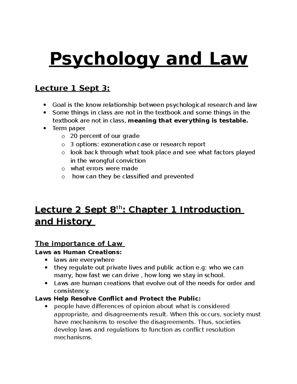 Psychology and Law MIDTERM 1 LECTURE NOTES (1-7) - Psychology and Law ...