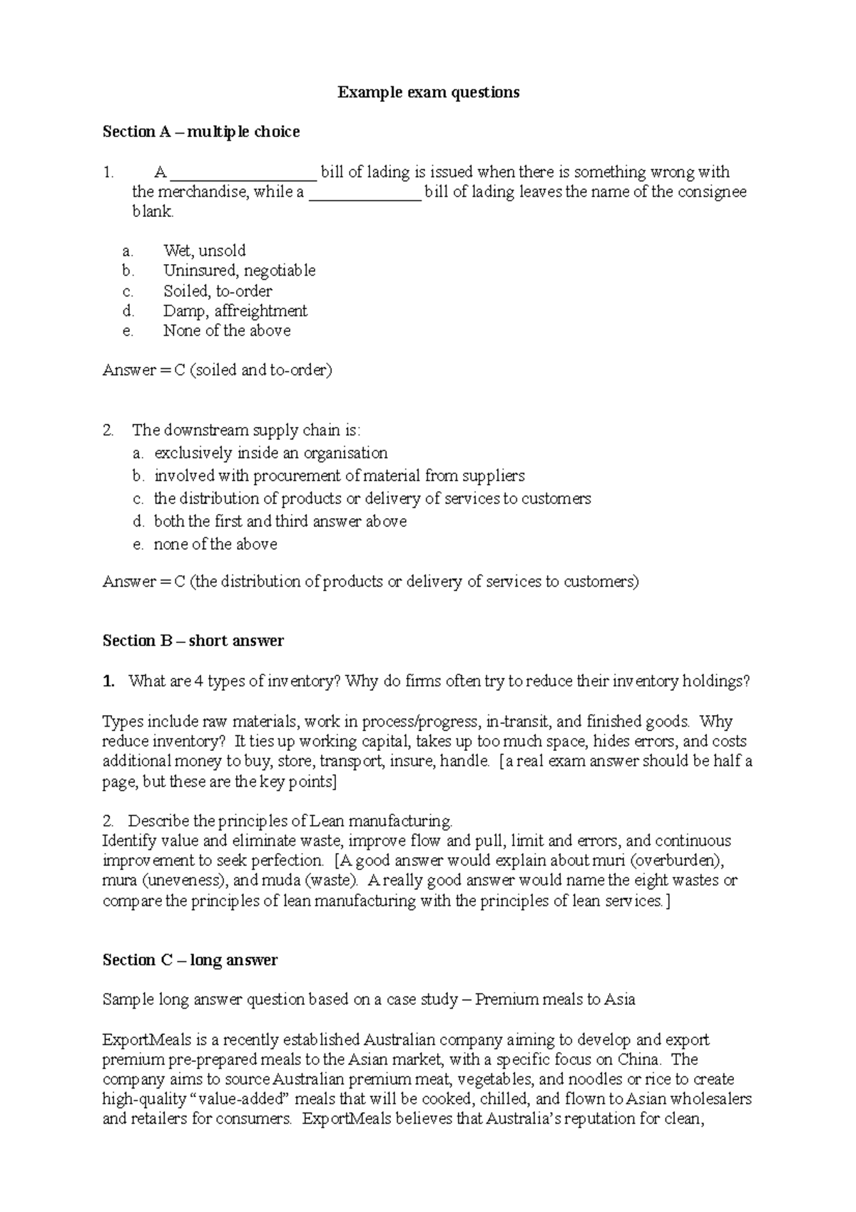 BUSI3030 example exam answers - Example exam questions Section A ...