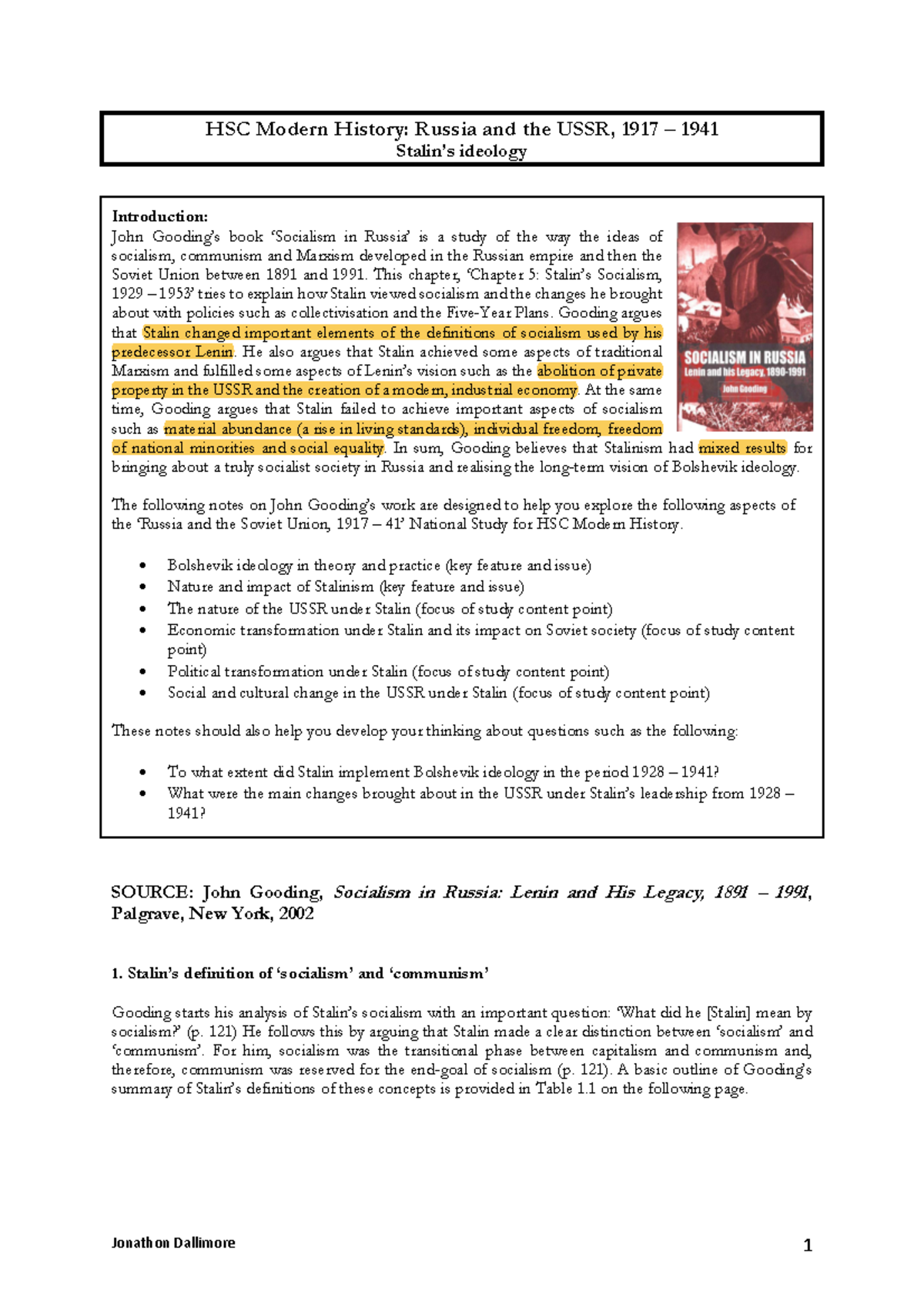 summary Gooding Stalin's ideology - HSC Modern History: Russia and the ...
