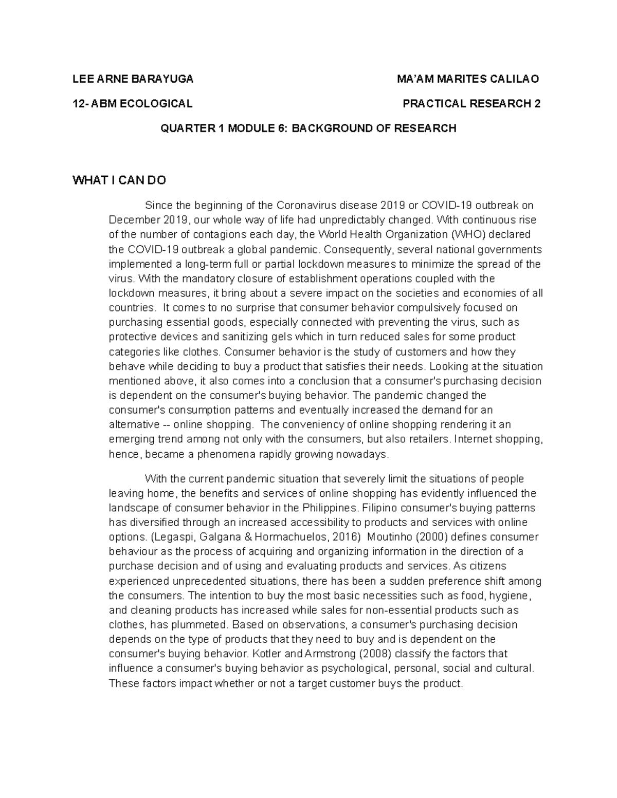 Practical Research 2 Module 6 Background OF Research Example - LEE ARNE ...