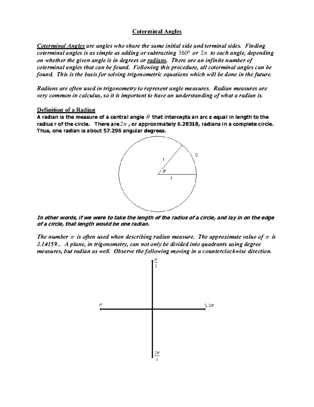 Notes Coterminal Angles - Coterminal Angles Coterminal Angles are ...
