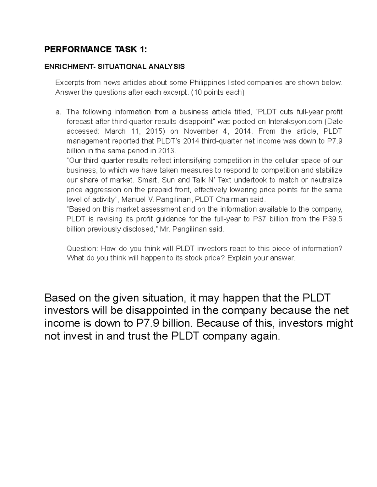 Performance TASK 1- Mini Case - PERFORMANCE TASK 1: ENRICHMENT- SITUATIONAL ANALYSIS Excerpts ...