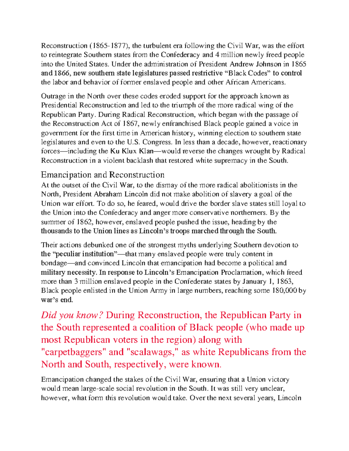 Reconstruction Notes - Reconstruction (1865-1877), the turbulent era ...