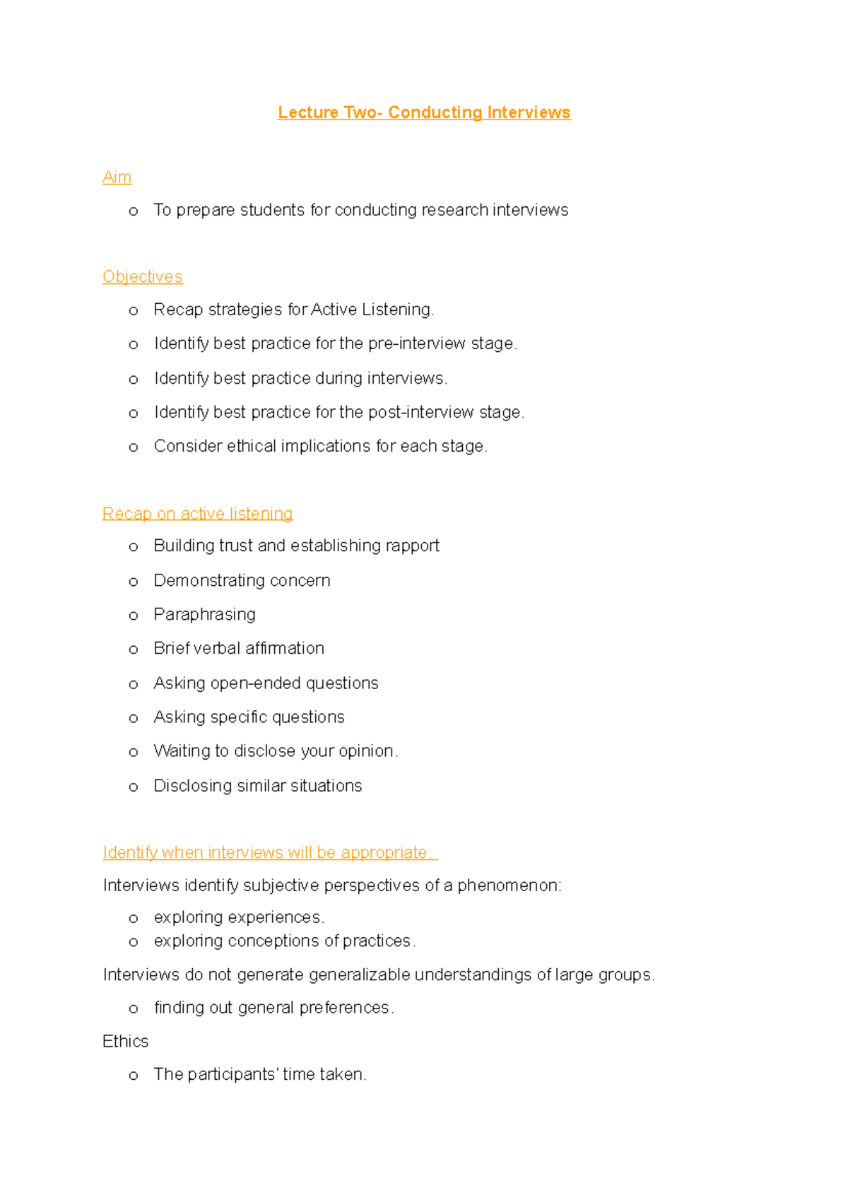 Lecture 2 - Lecture Two- Conducting Interviews Aim o To prepare ...