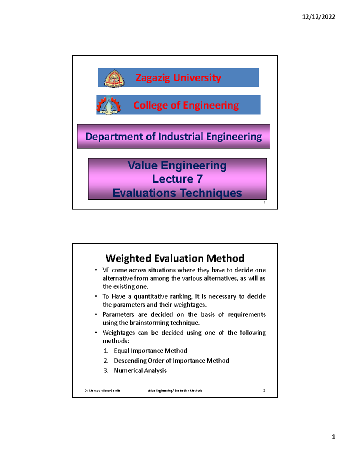 Value Engineering - Lecture 8- Evaluation Techniques - Value ...
