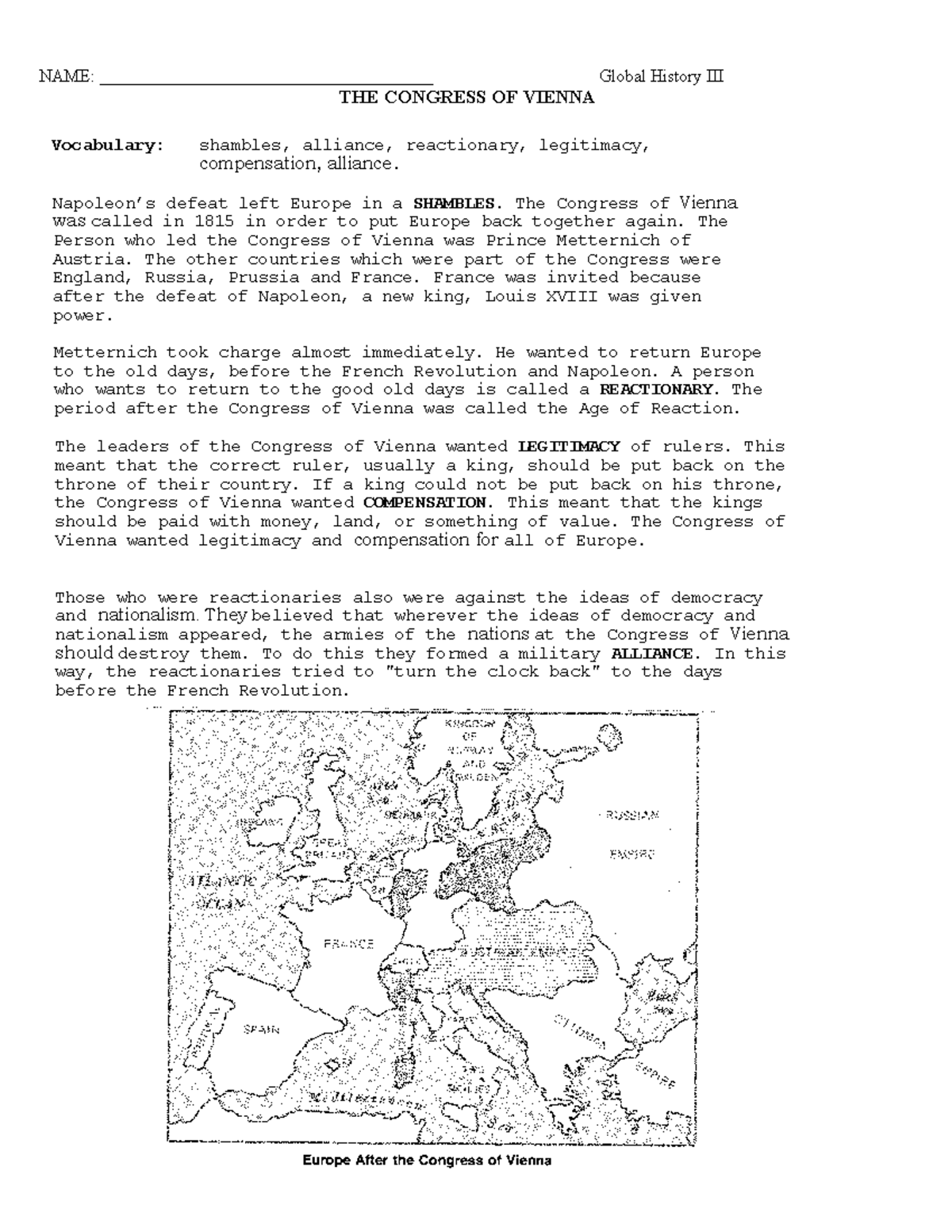 Congress of Vienna - Worksheets - NAME ...